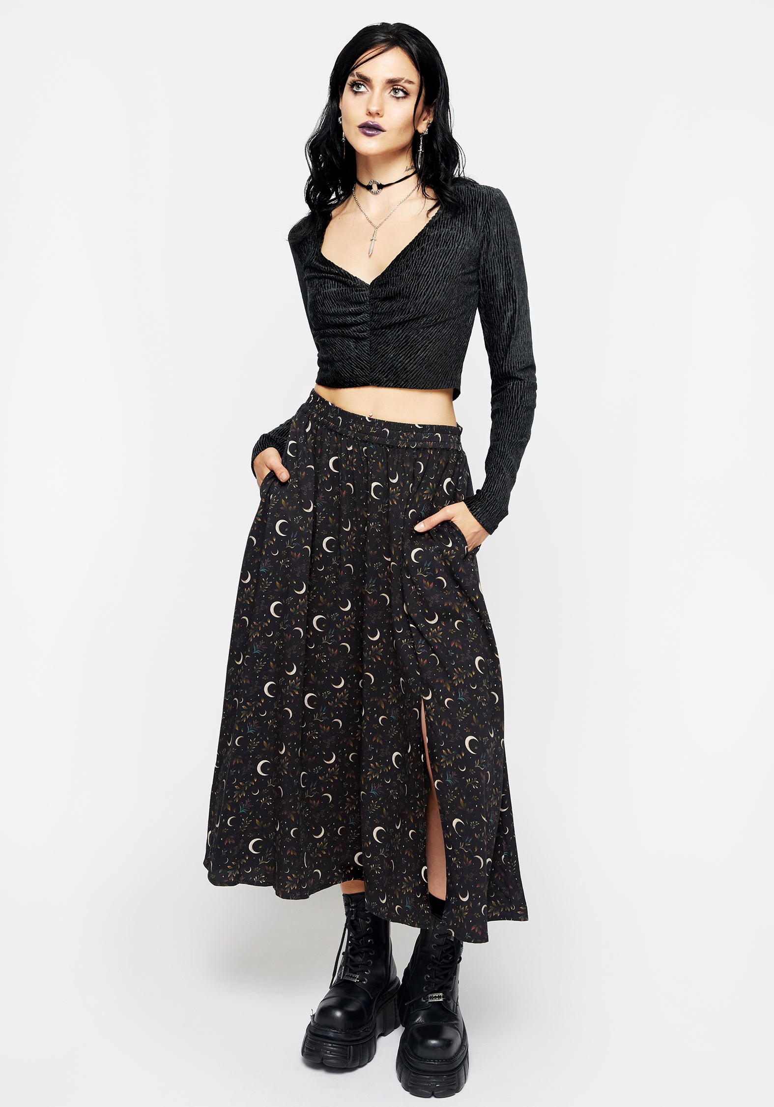Sickle Moon Side Split Midi Skirt | Disturbia - Shop Women's Gothic ...