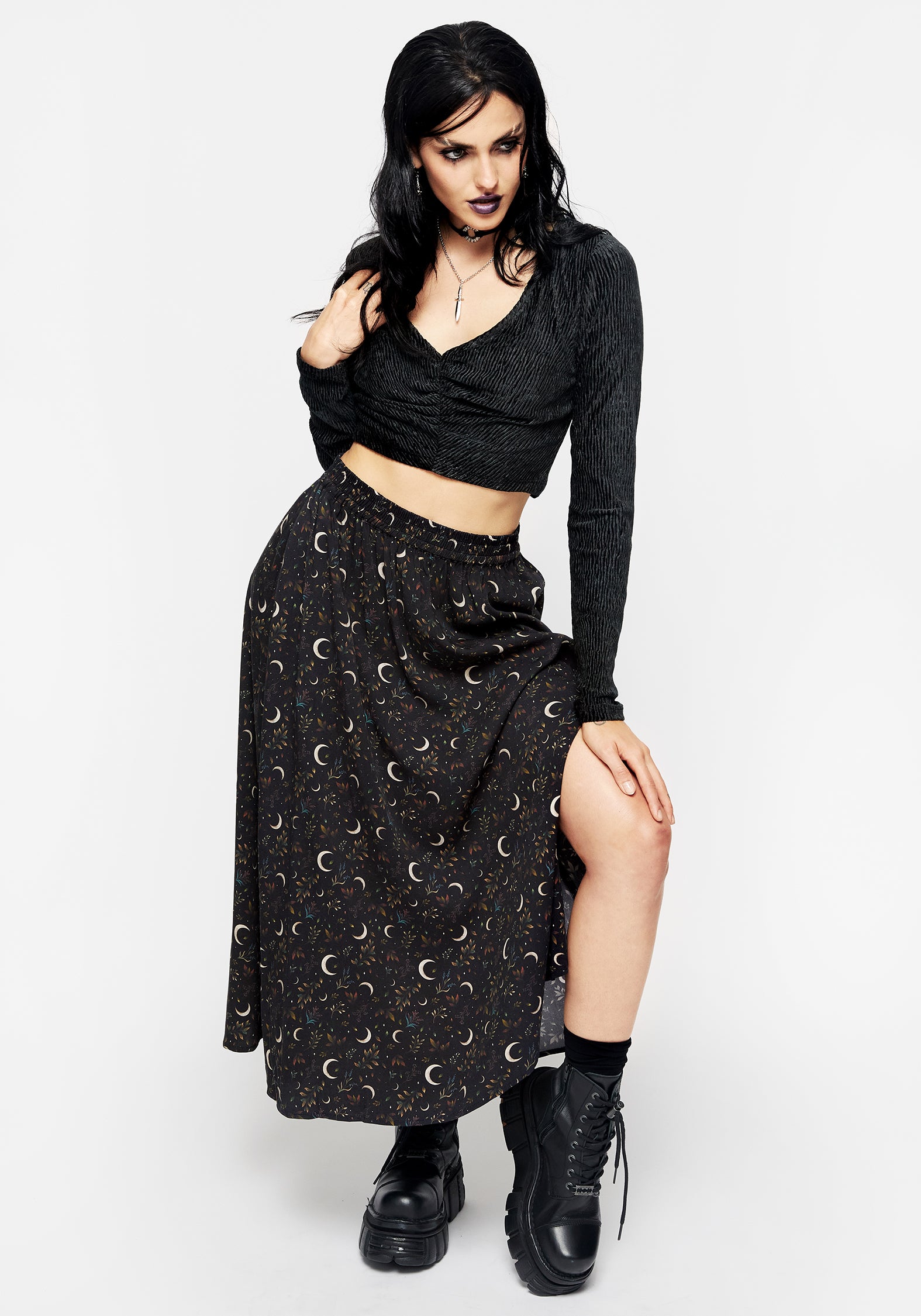 Sickle Moon Side Split Midi Skirt | Disturbia - Shop Women's Gothic ...