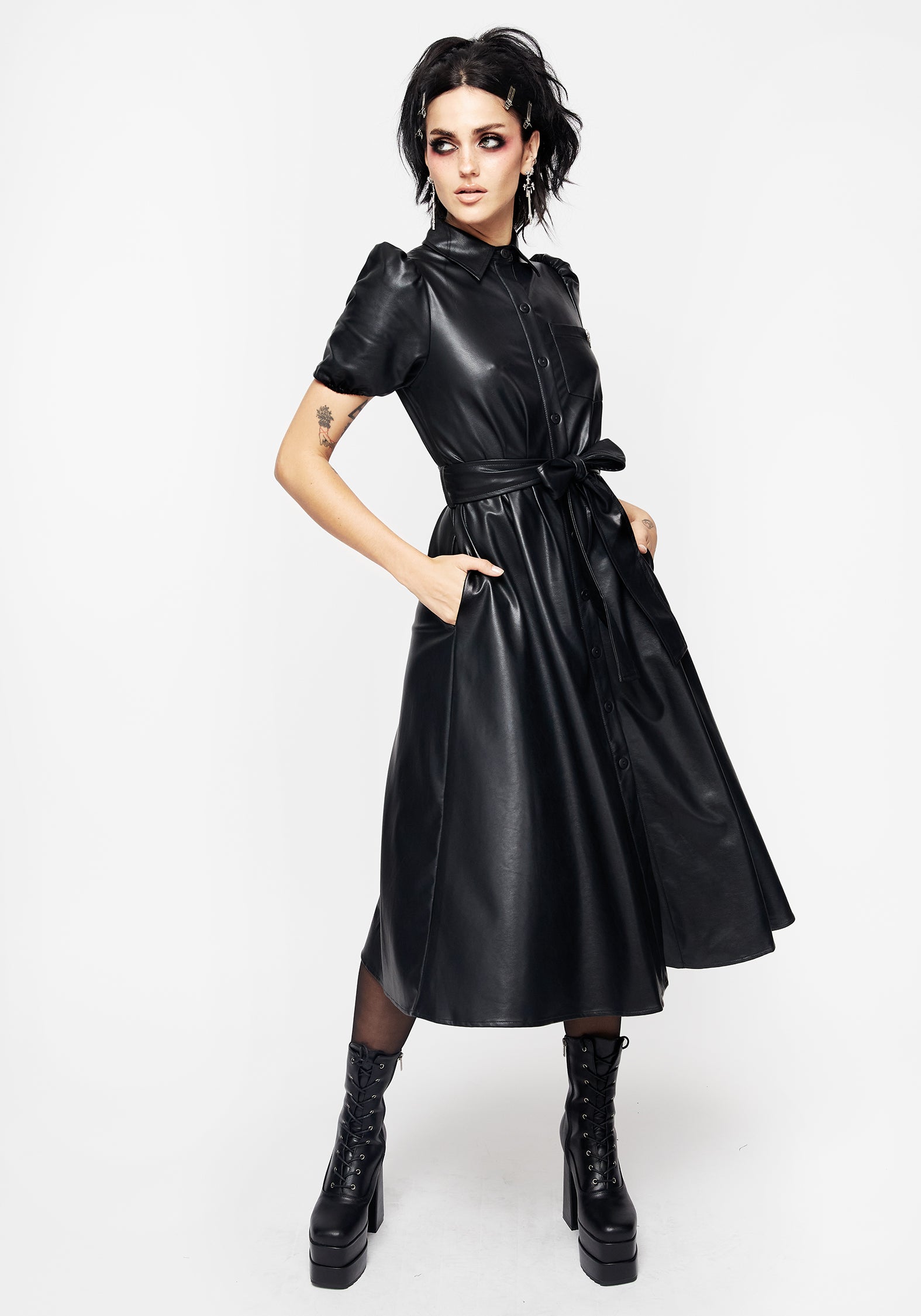 Sharon PU Midi Shirt Dress With Charm | Disturbia - Shop Women's Gothic ...