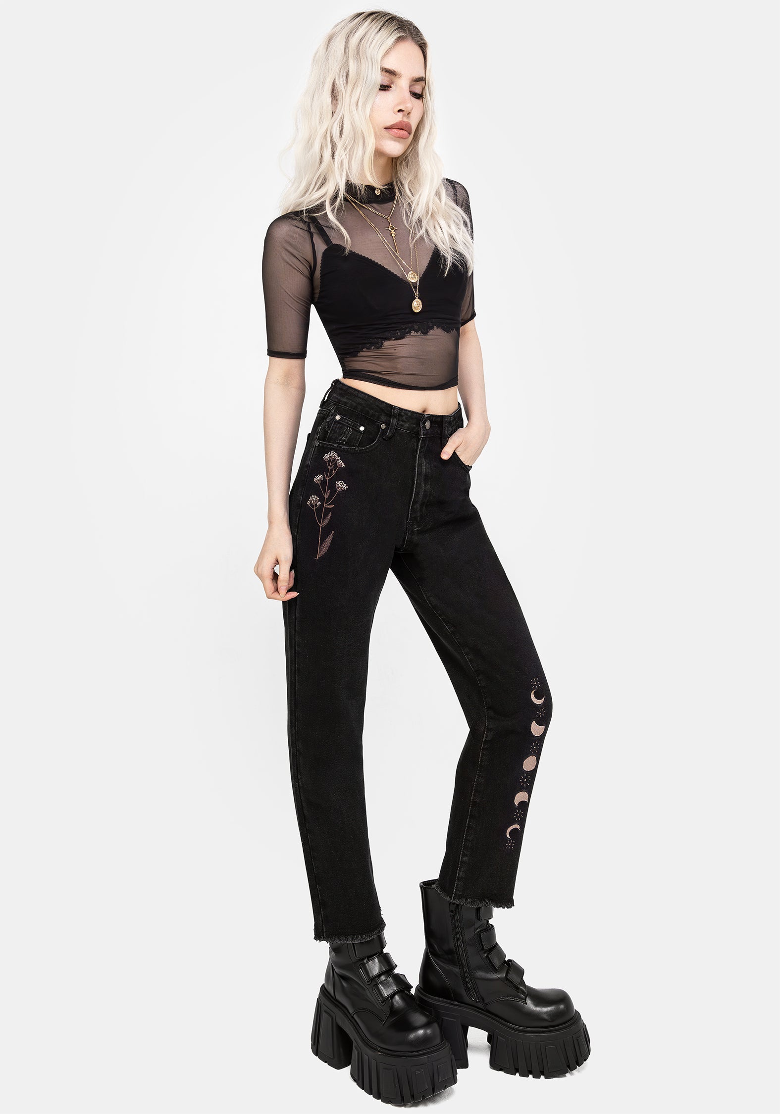 Griffinfly Embroidered Distressed Denim Mom Jeans | Disturbia - Shop ...