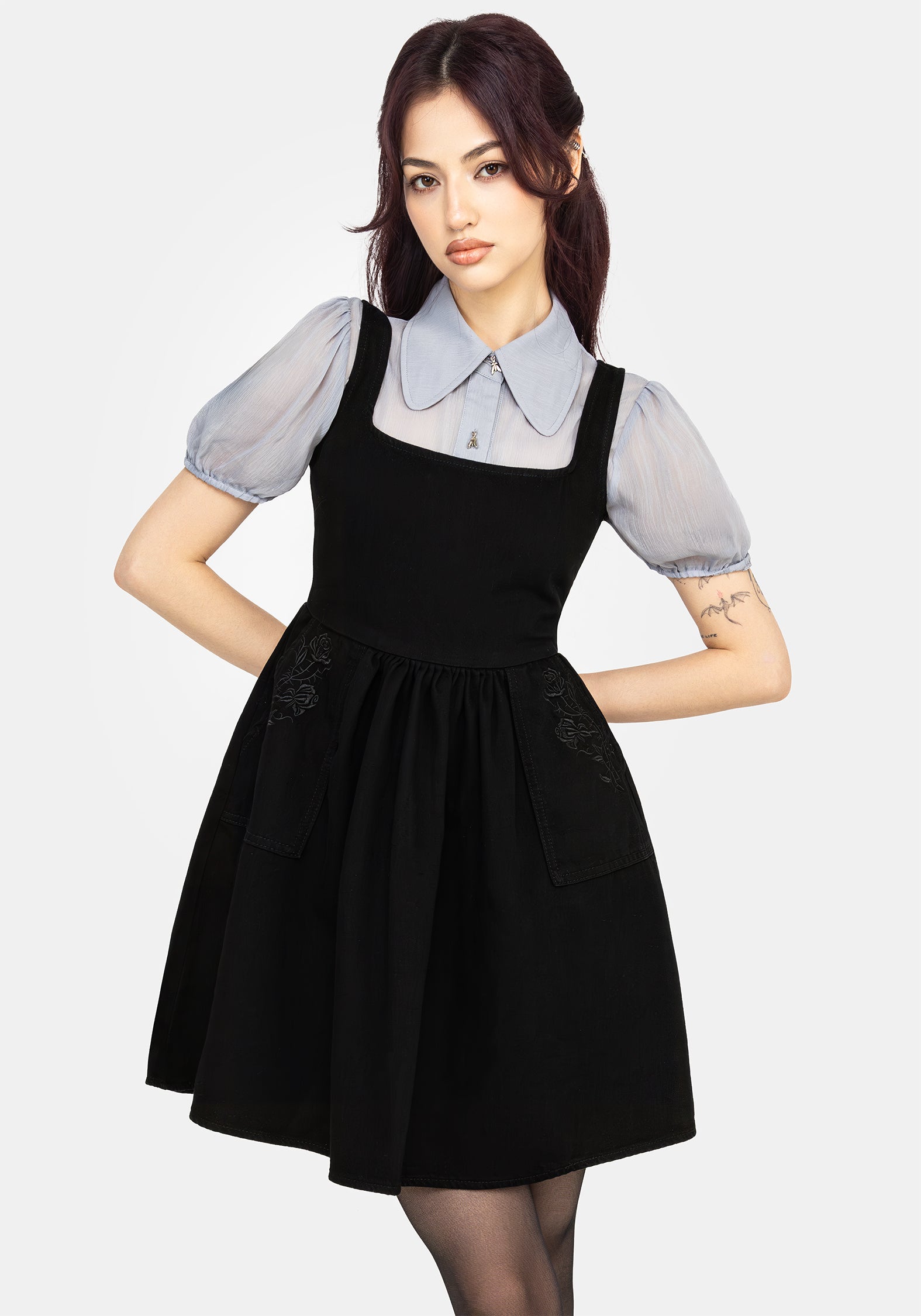 Deadhead Rose Embroidered Denim Mini Smock Dress | Disturbia - Shop ...