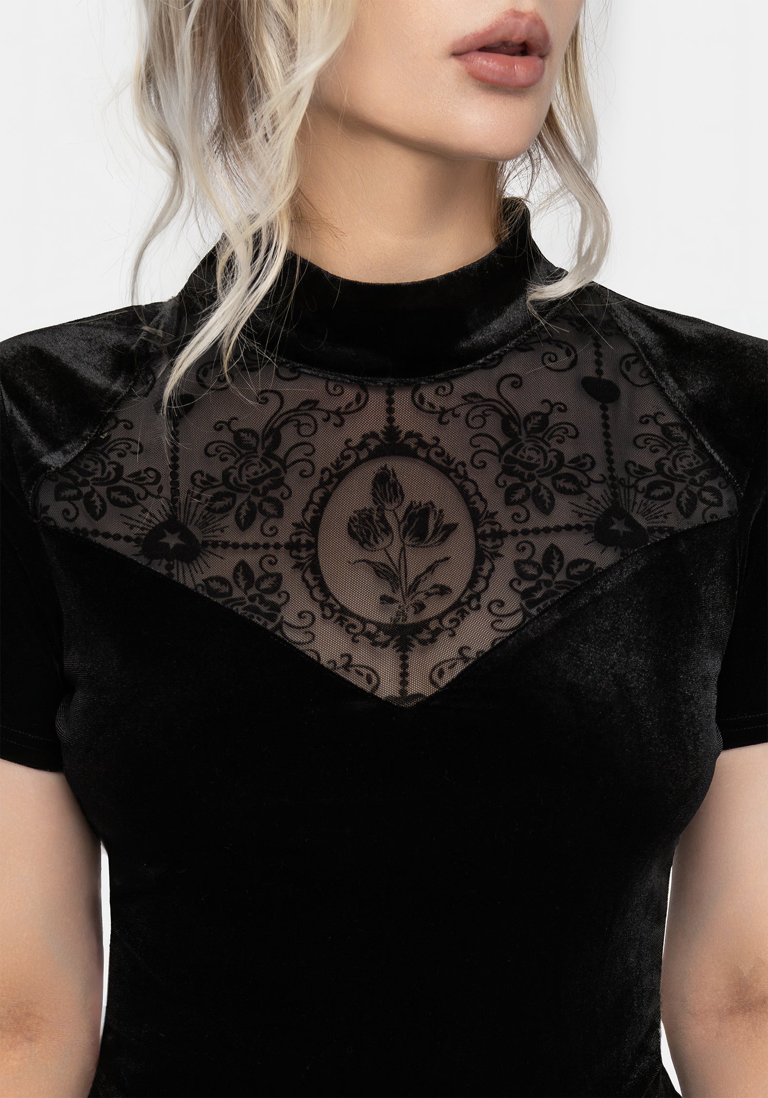 Cameo Floral Flocked Mesh Velour High Neck Top | Disturbia - Shop Women ...