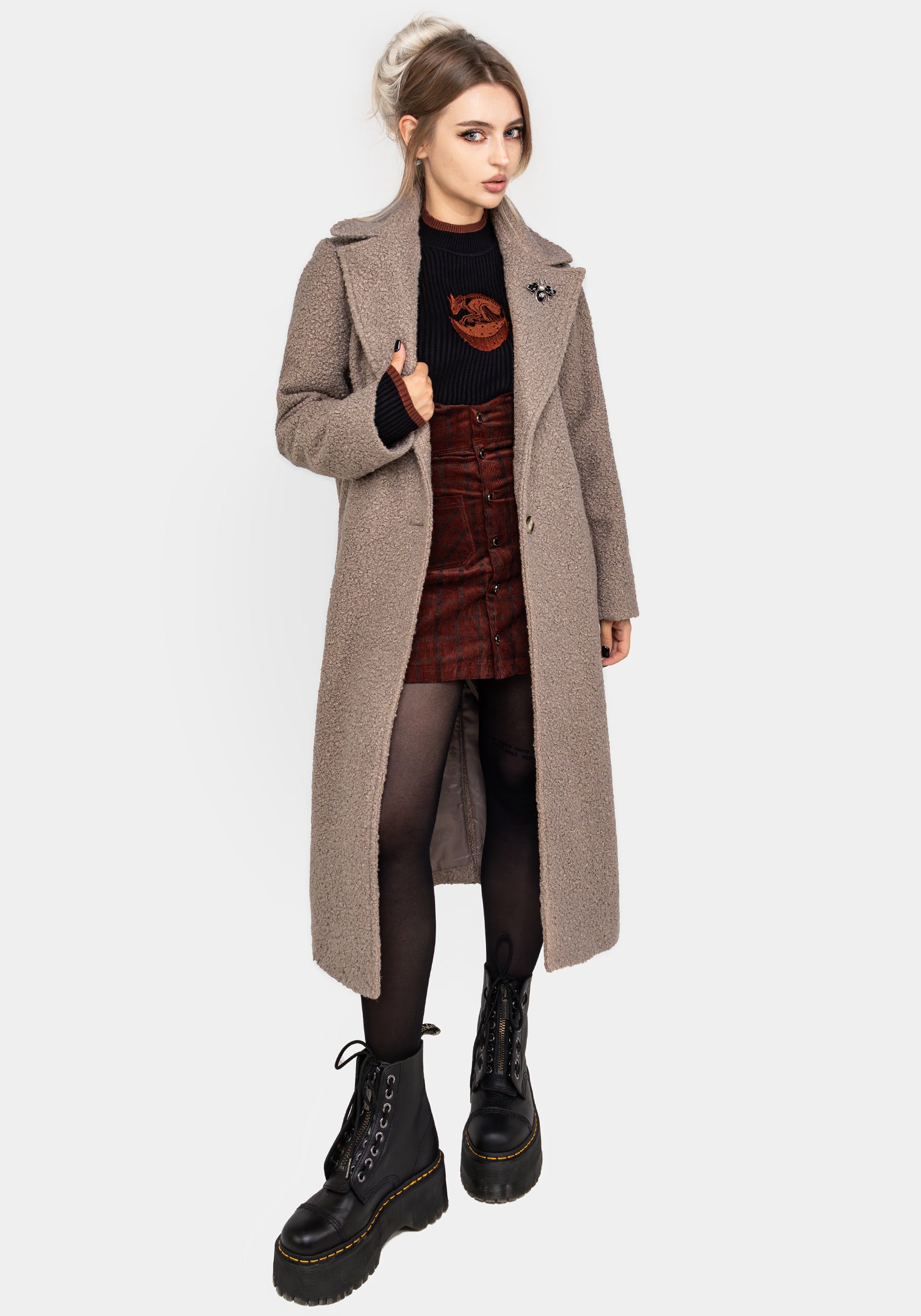Gorgon Bouclé Longline Oversized Coat with Bee Brooch - Taupe ...