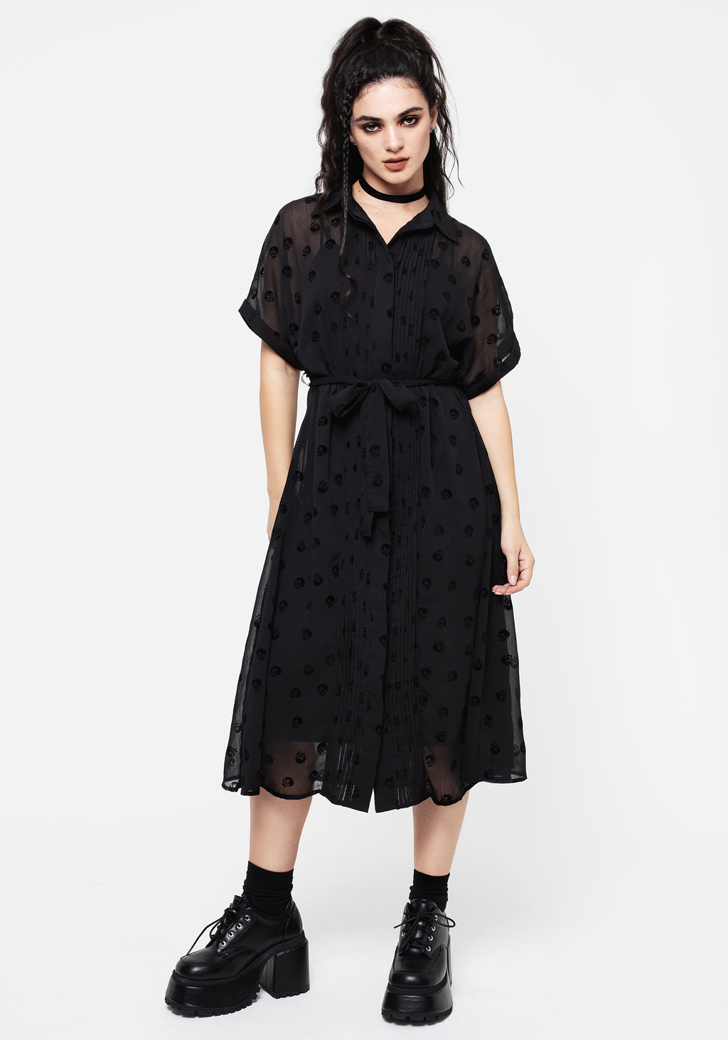 Bones Flocked Pintuck Chiffon Midi Shirt Dress | Disturbia - Shop Women ...