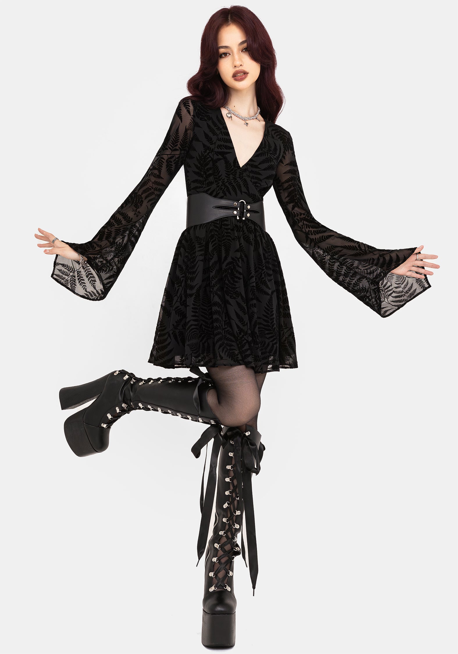 Lunafern Fern Leaf Flocked Mesh Flute Sleeve Mini Dress – Disturbia