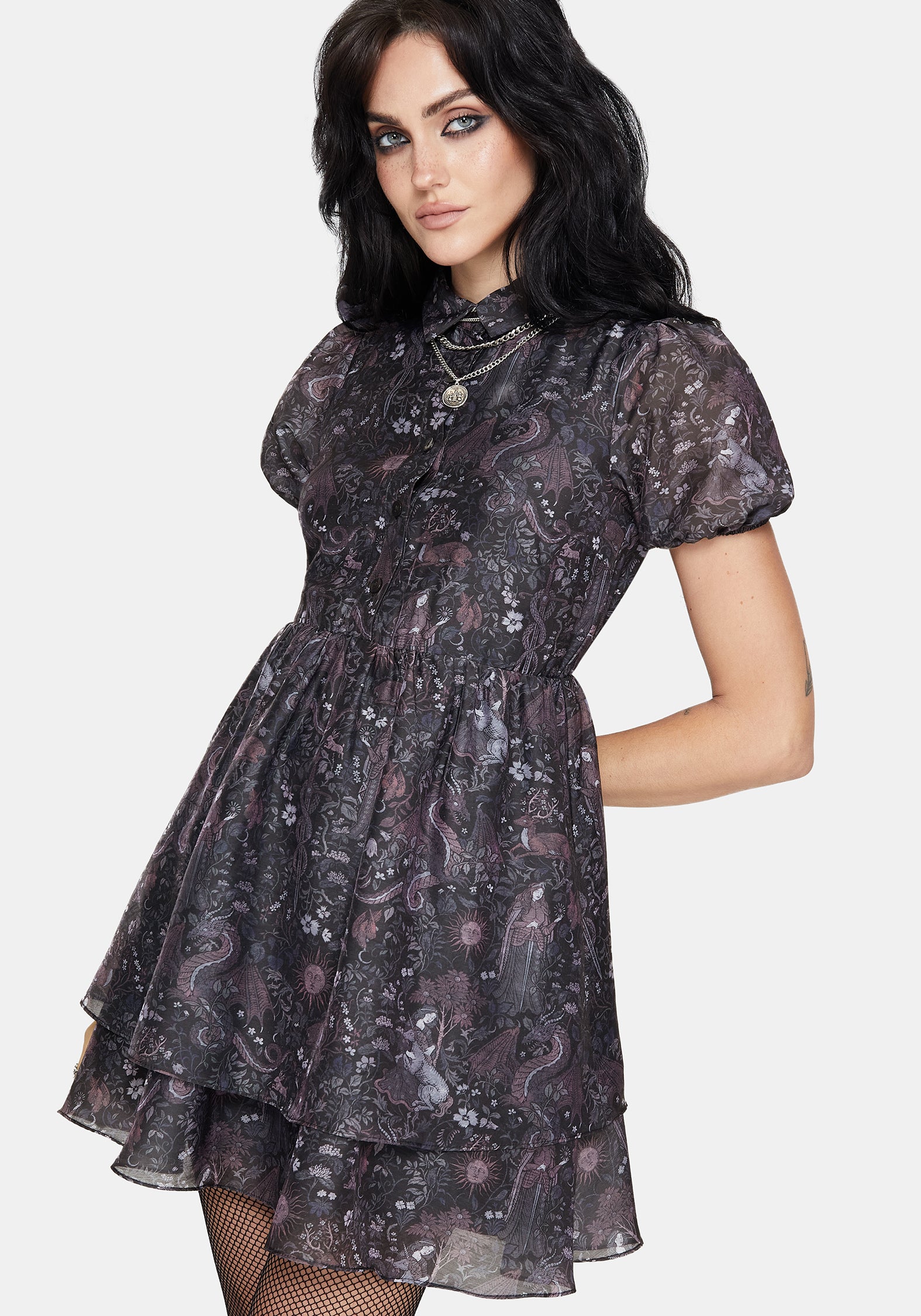 Haunt Medieval Print Chiffon Smocked Mini Dress – Disturbia