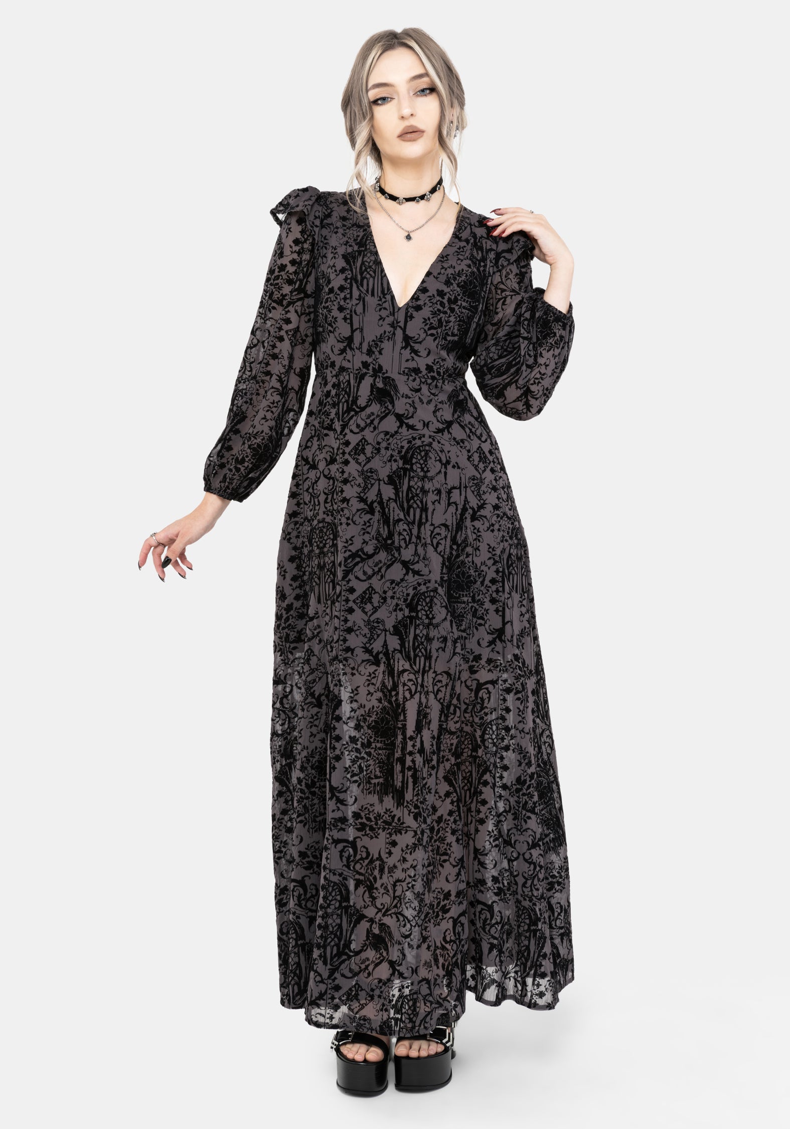 Thorned Flocked Chiffon Castle Print Frill Neck Maxi Dress – Disturbia