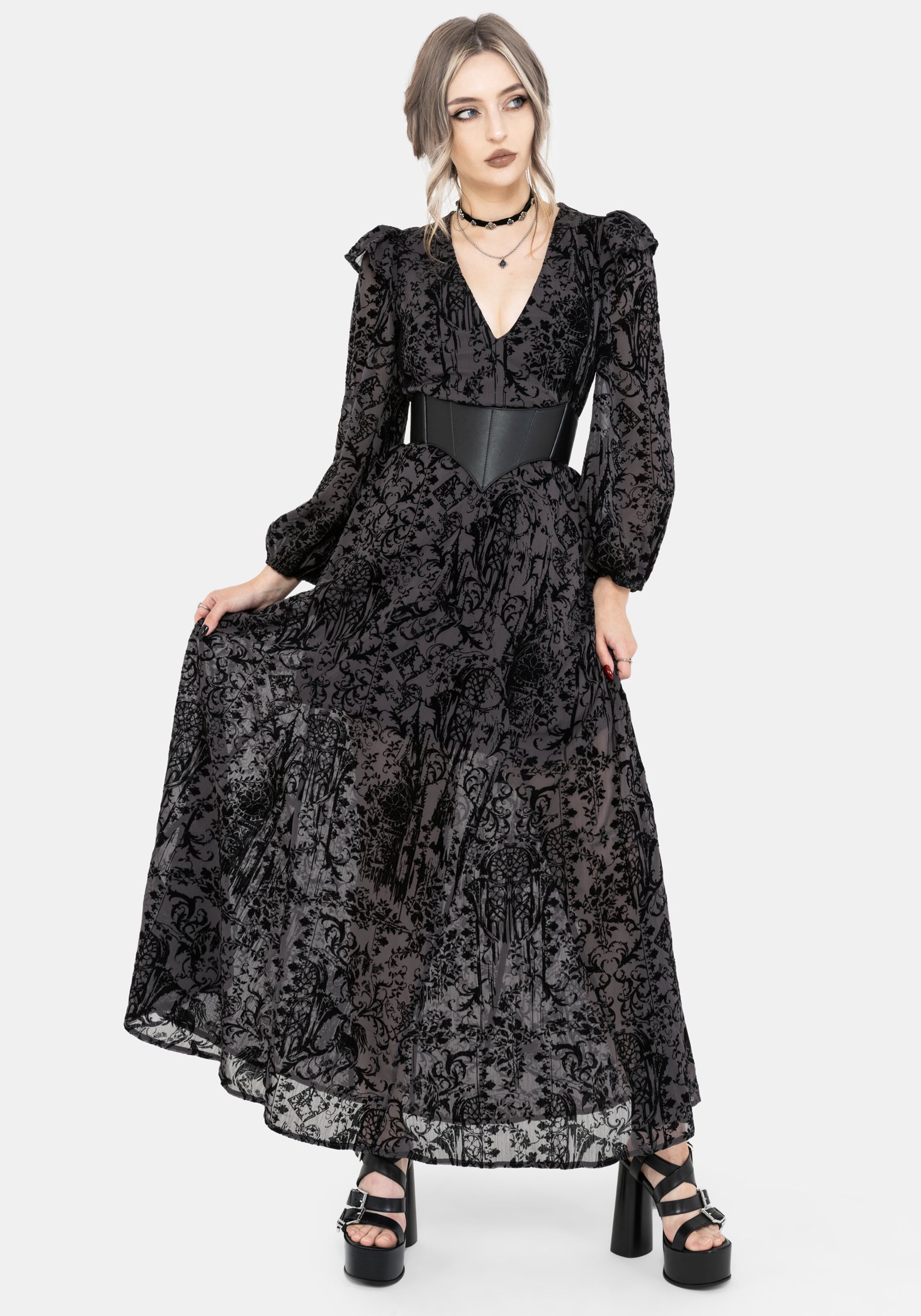 Thorned Flocked Chiffon Castle Print Frill Neck Maxi Dress – Disturbia