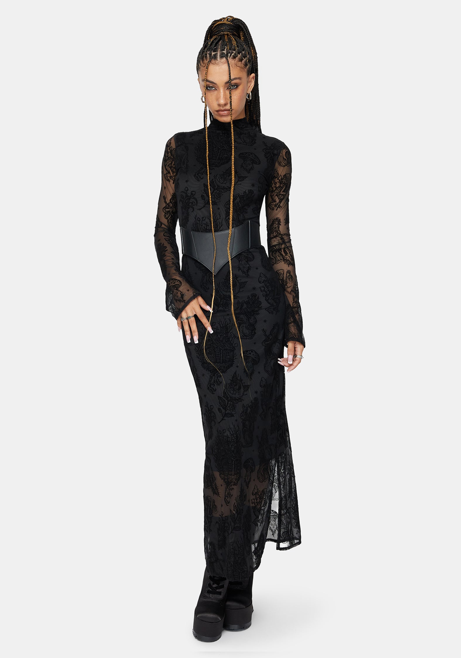 Hexborn Baba Yaga High Neck Flocked Long Sleeve Mesh Maxi Dress – Disturbia