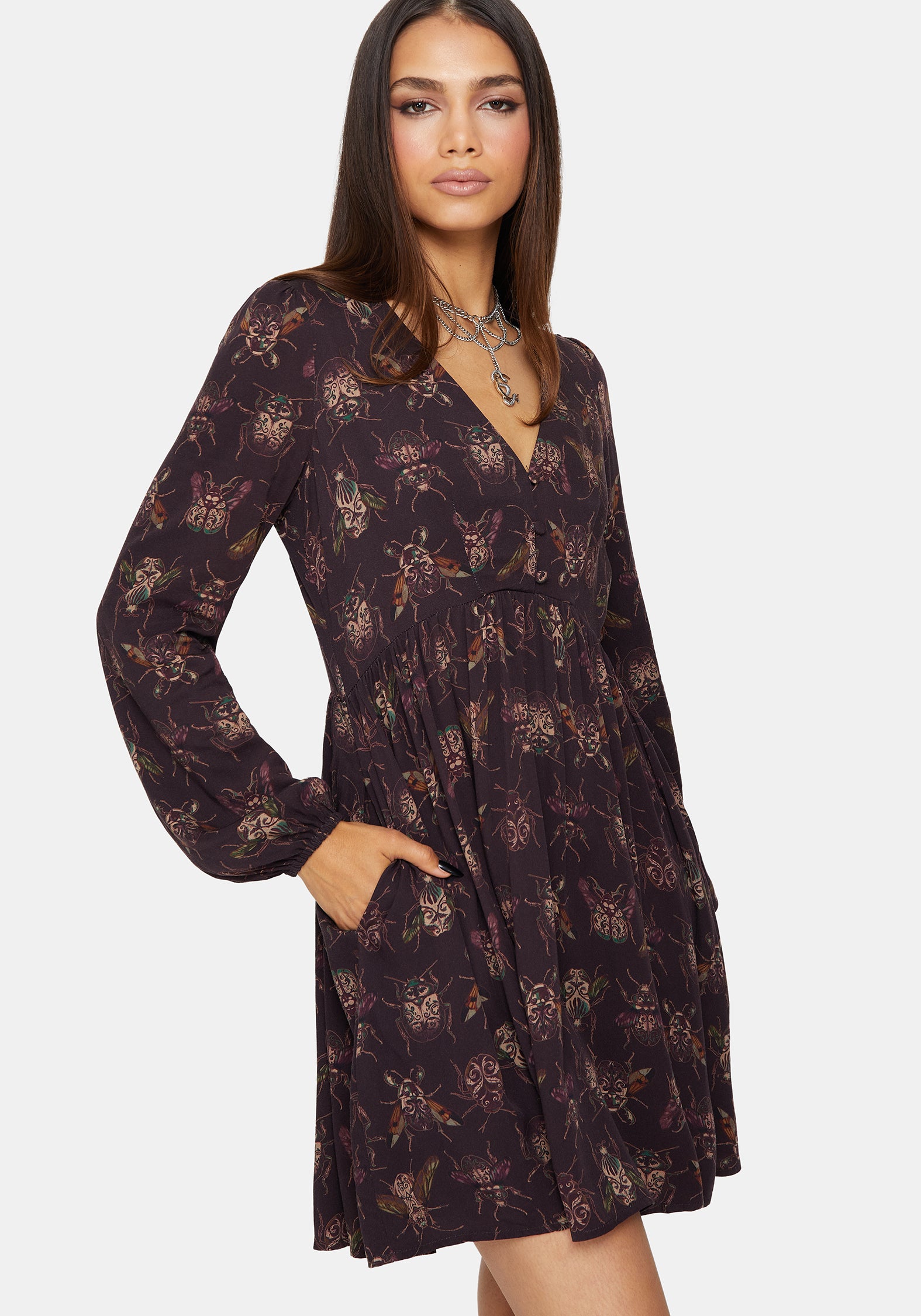 Scorn Bug Printed Long Sleeve Mini Dress – Disturbia