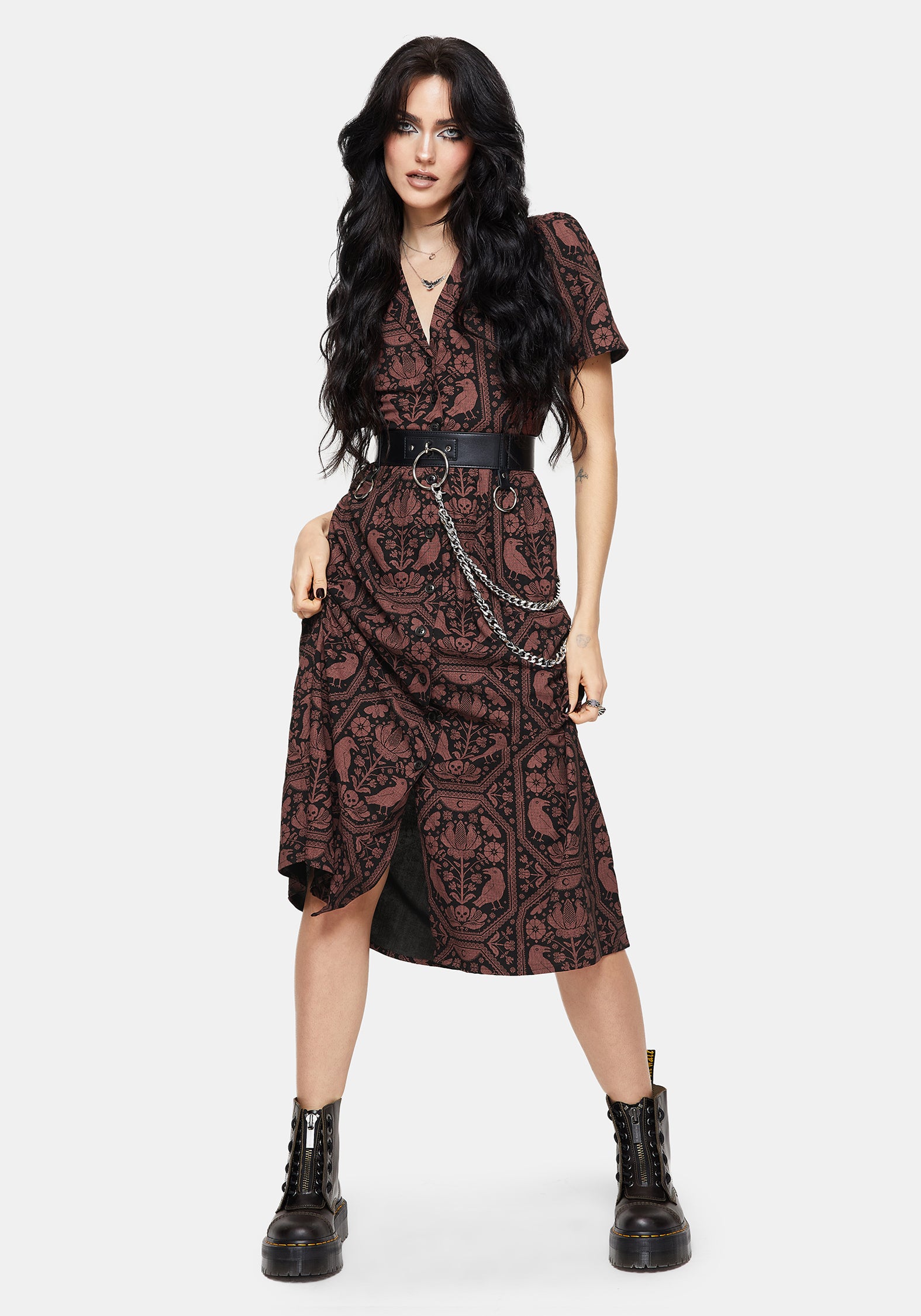 Annabel Inverted Raven Print Midi Shirt Dress – Disturbia