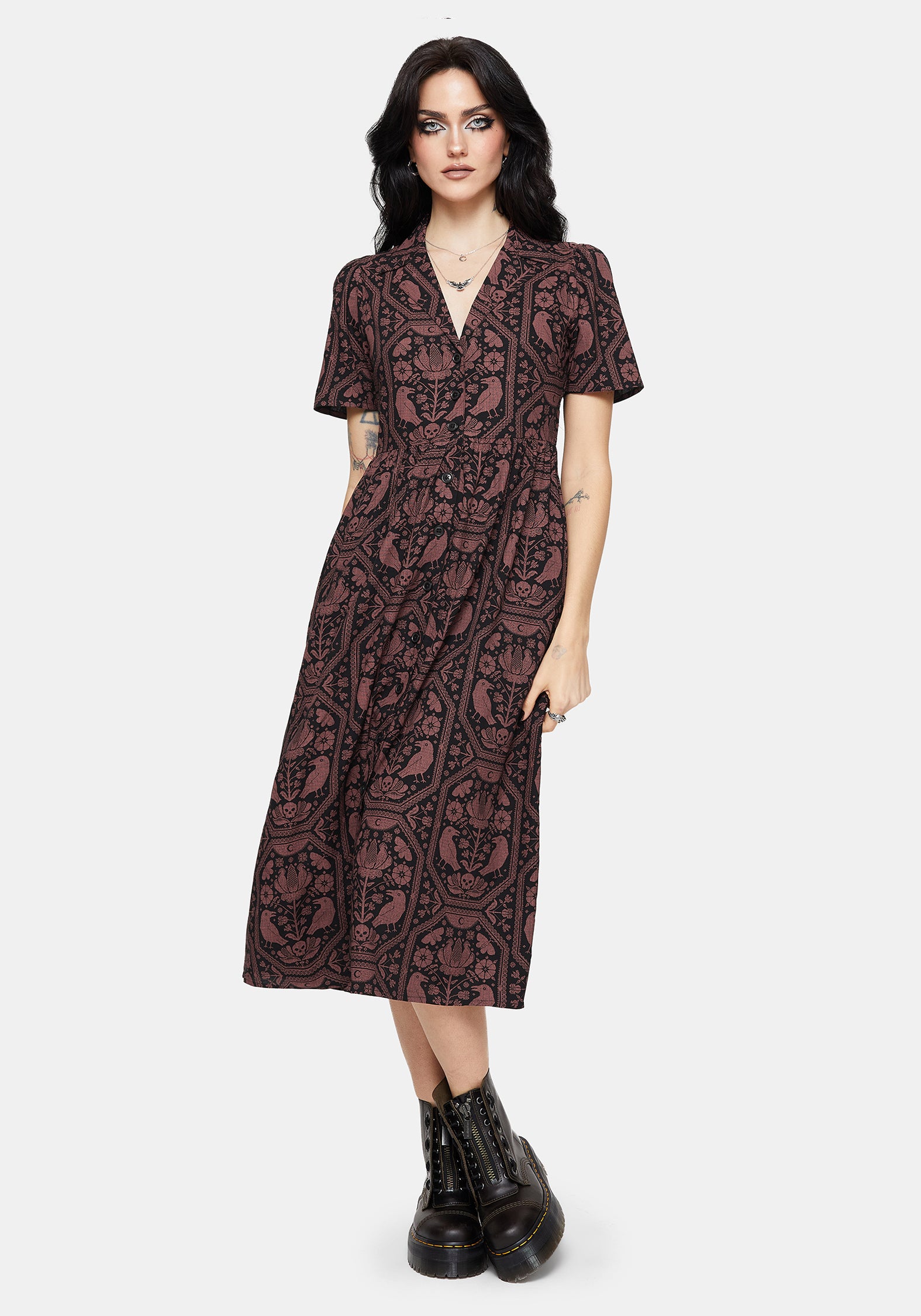 Annabel Inverted Raven Print Midi Shirt Dress – Disturbia