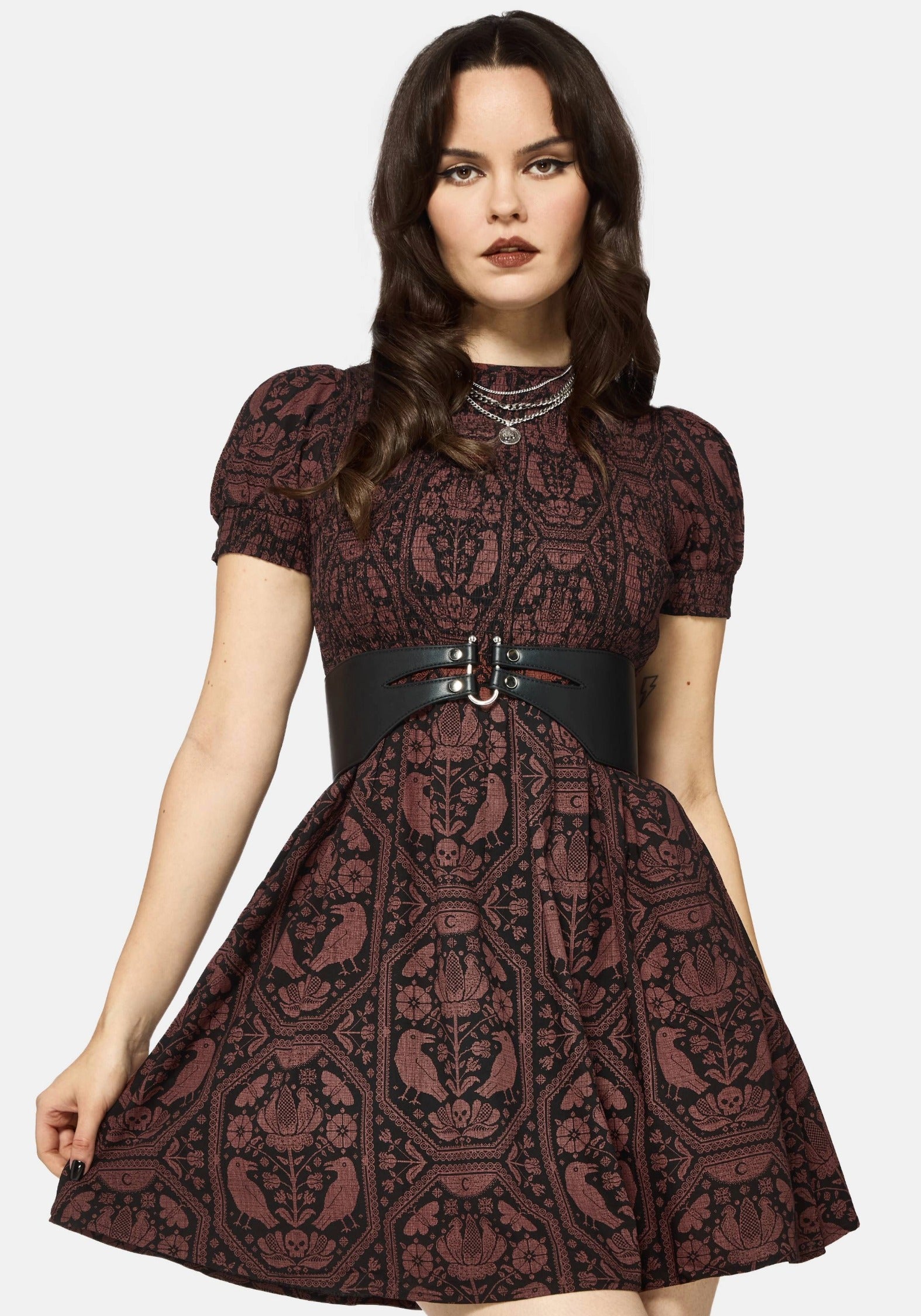 Annabel Inverted Raven Print Shirred Mini Dress – Disturbia