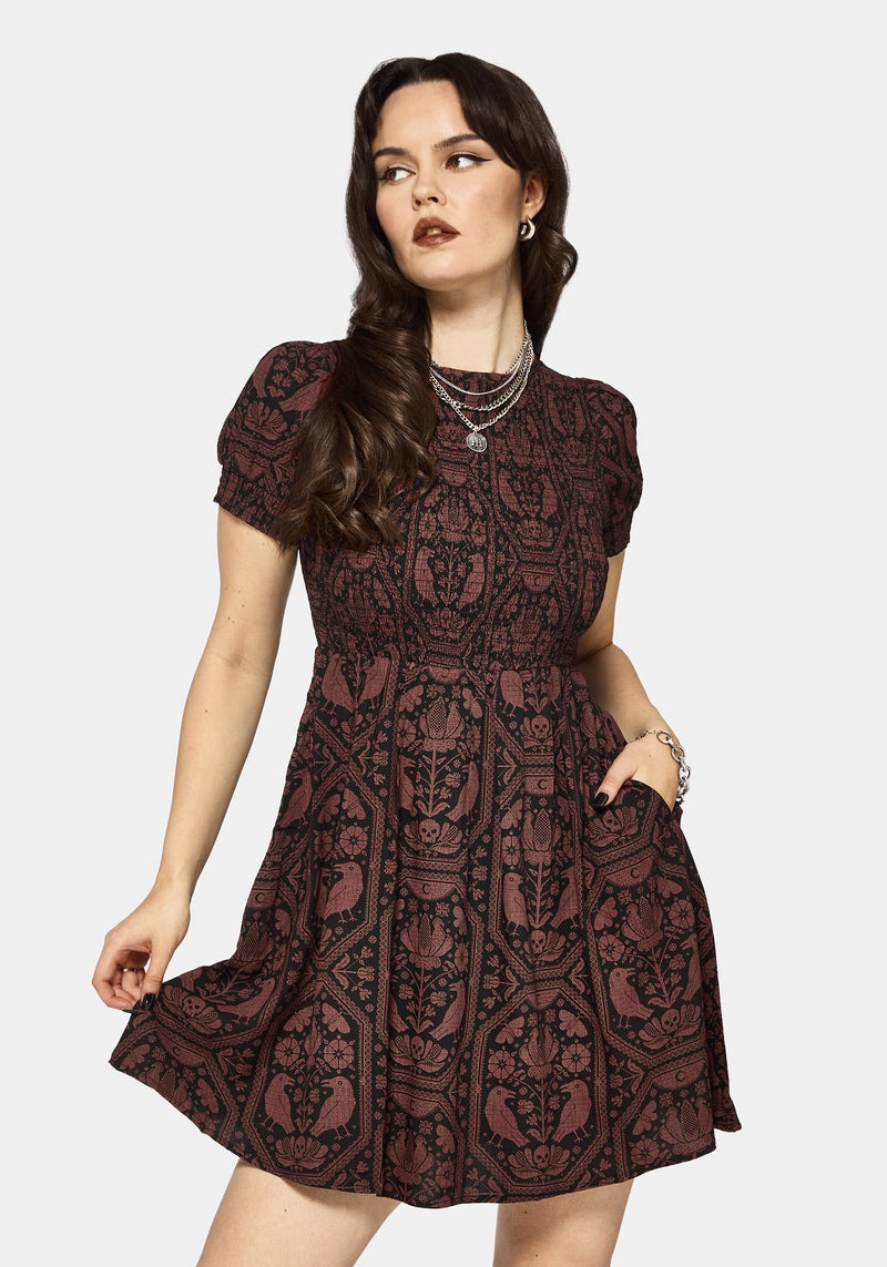 Annabel Inverted Raven Print Shirred Mini Dress – Disturbia