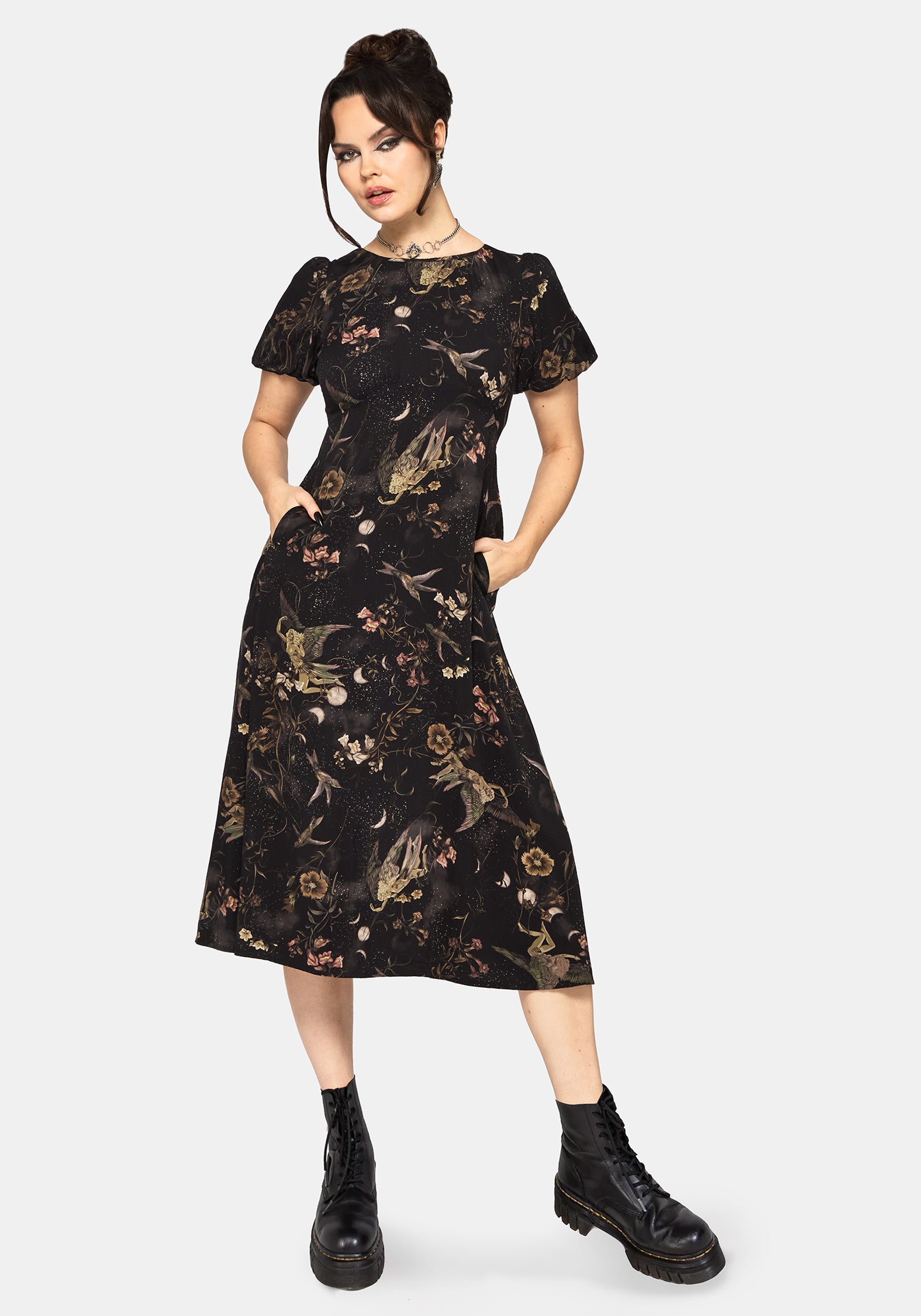 Harpyiai Print Puff Sleeve Midi Dress – Disturbia