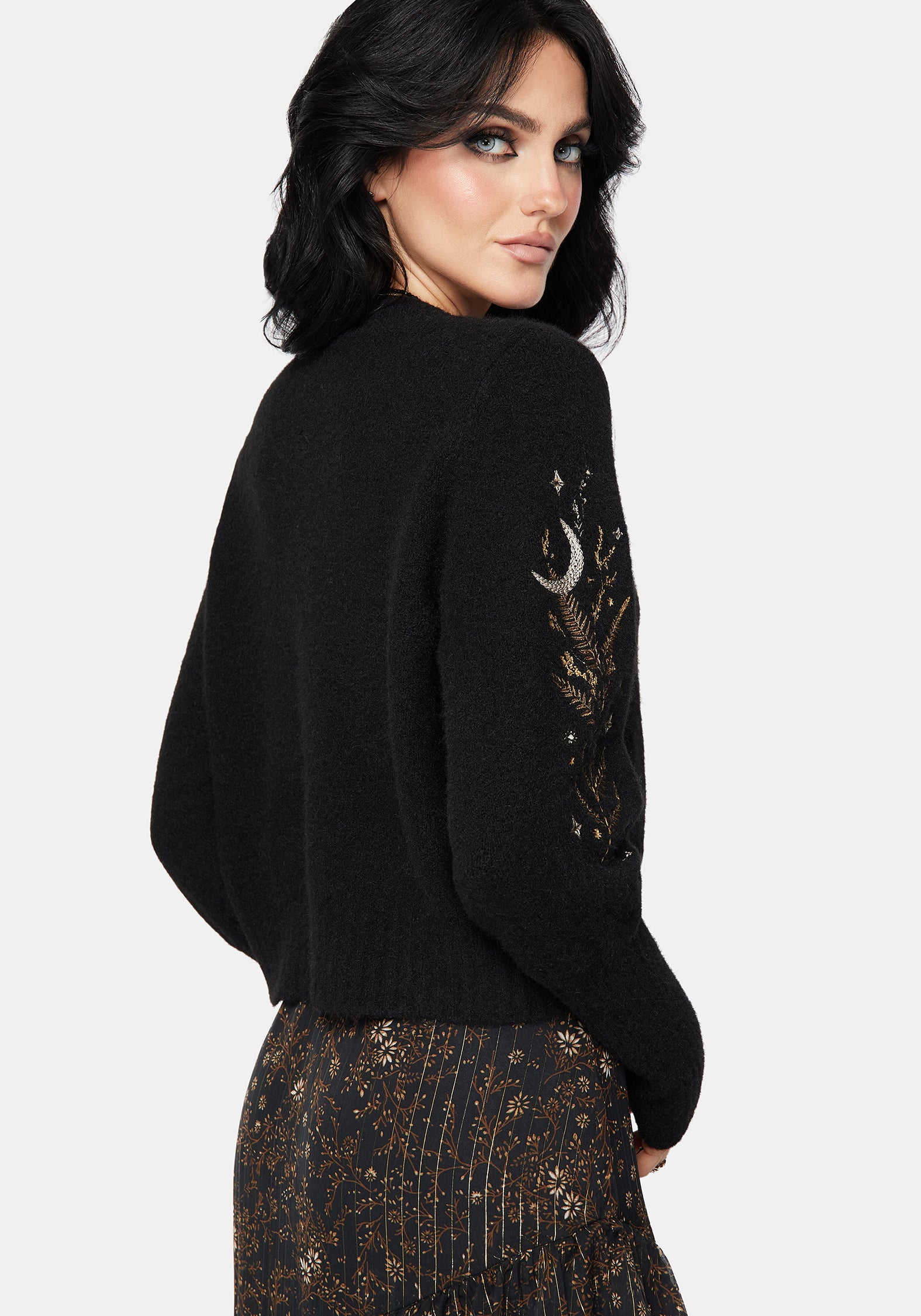 Abellona Floral Moon Embroidered Balloon Sleeve Knit Cardigan – Disturbia