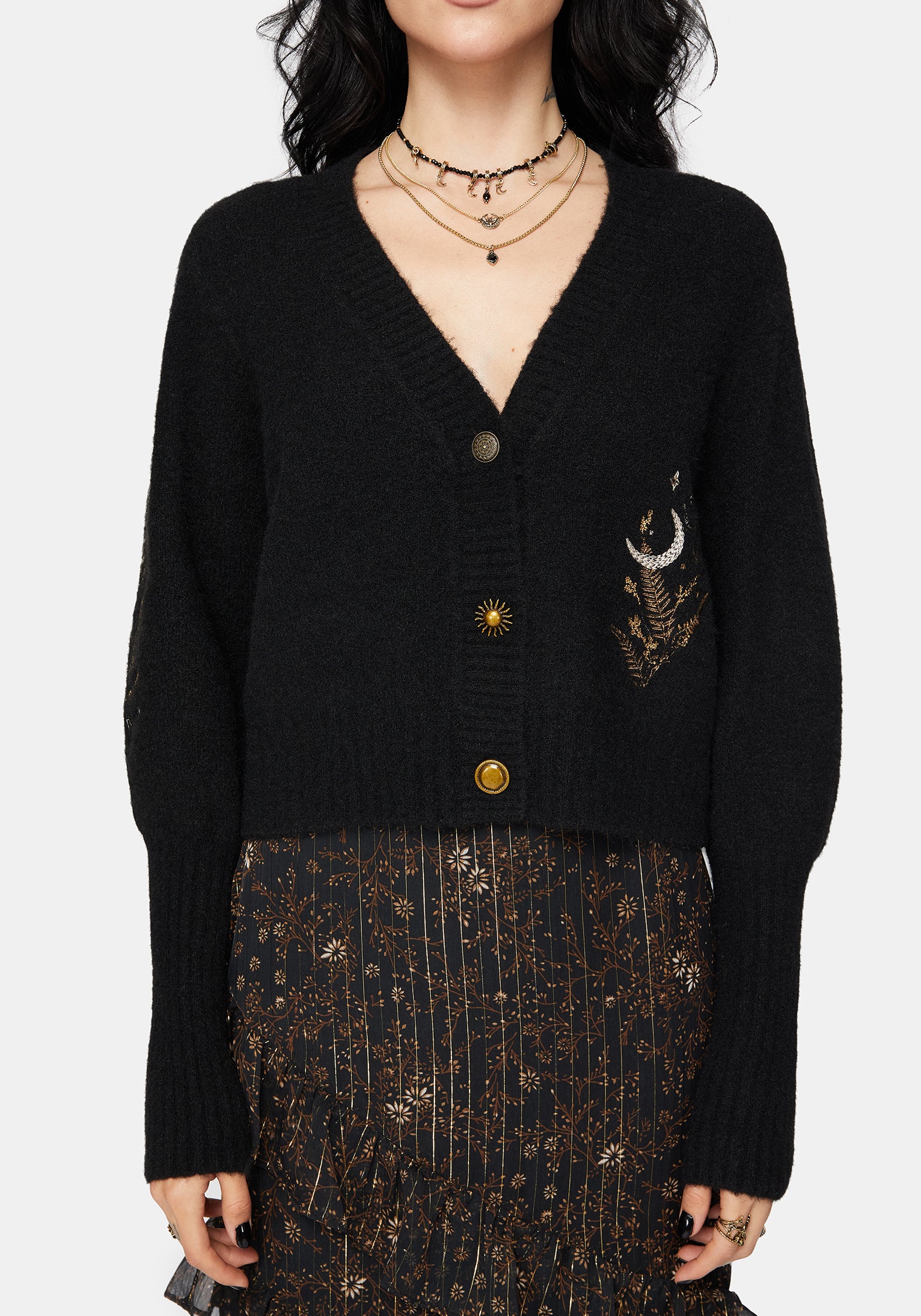 Abellona Floral Moon Embroidered Balloon Sleeve Knit Cardigan – Disturbia