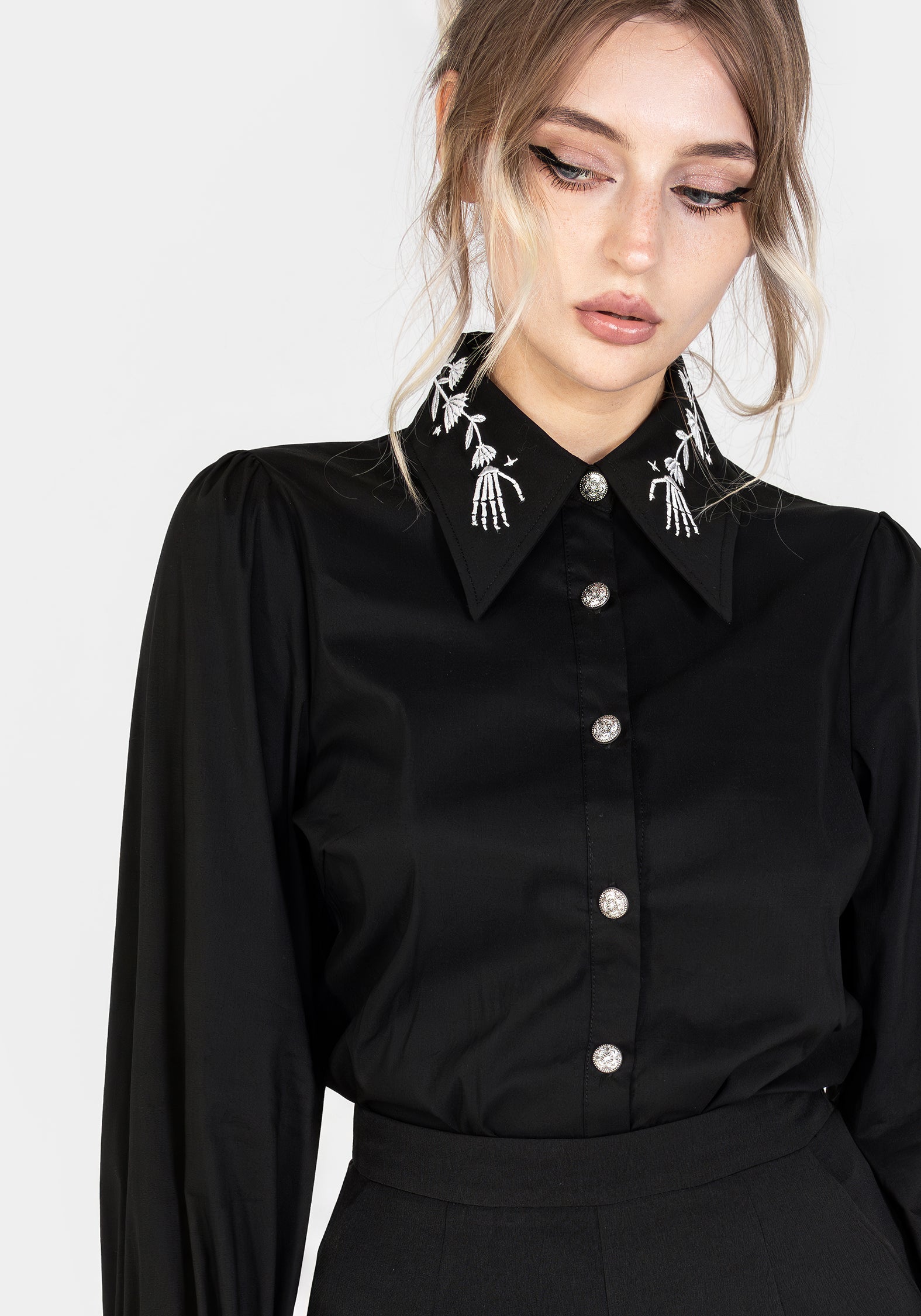 Tempora Embroidered Button Up Shirt - Black | Disturbia - Shop Women's ...