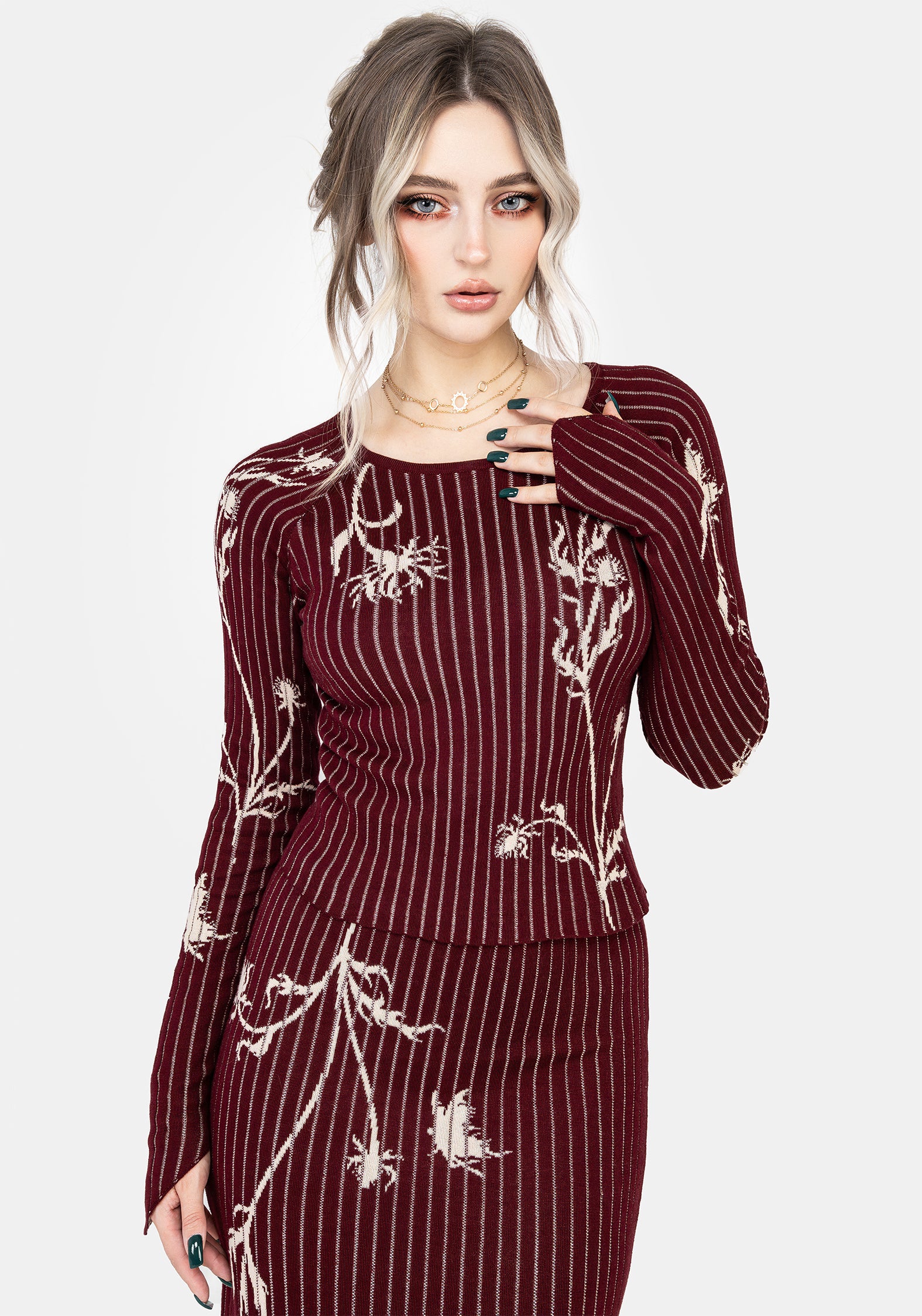 Diastella Floral Jacquard Rib Knit Raglan Sleeve Top - Red | Disturbia ...