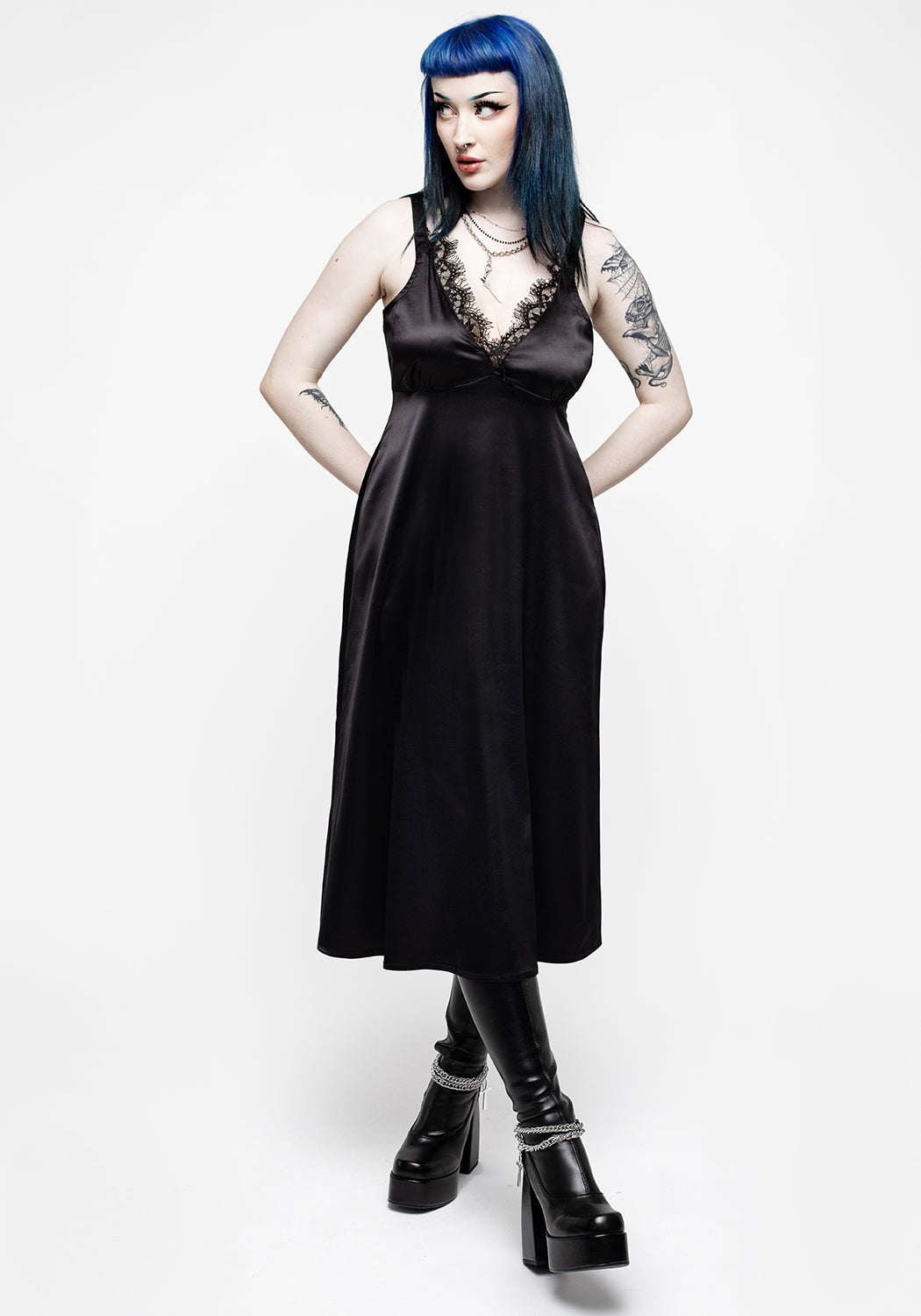 Medeina Lace Trim Satin Midi Slip Dress - Midnight Black | Disturbia ...
