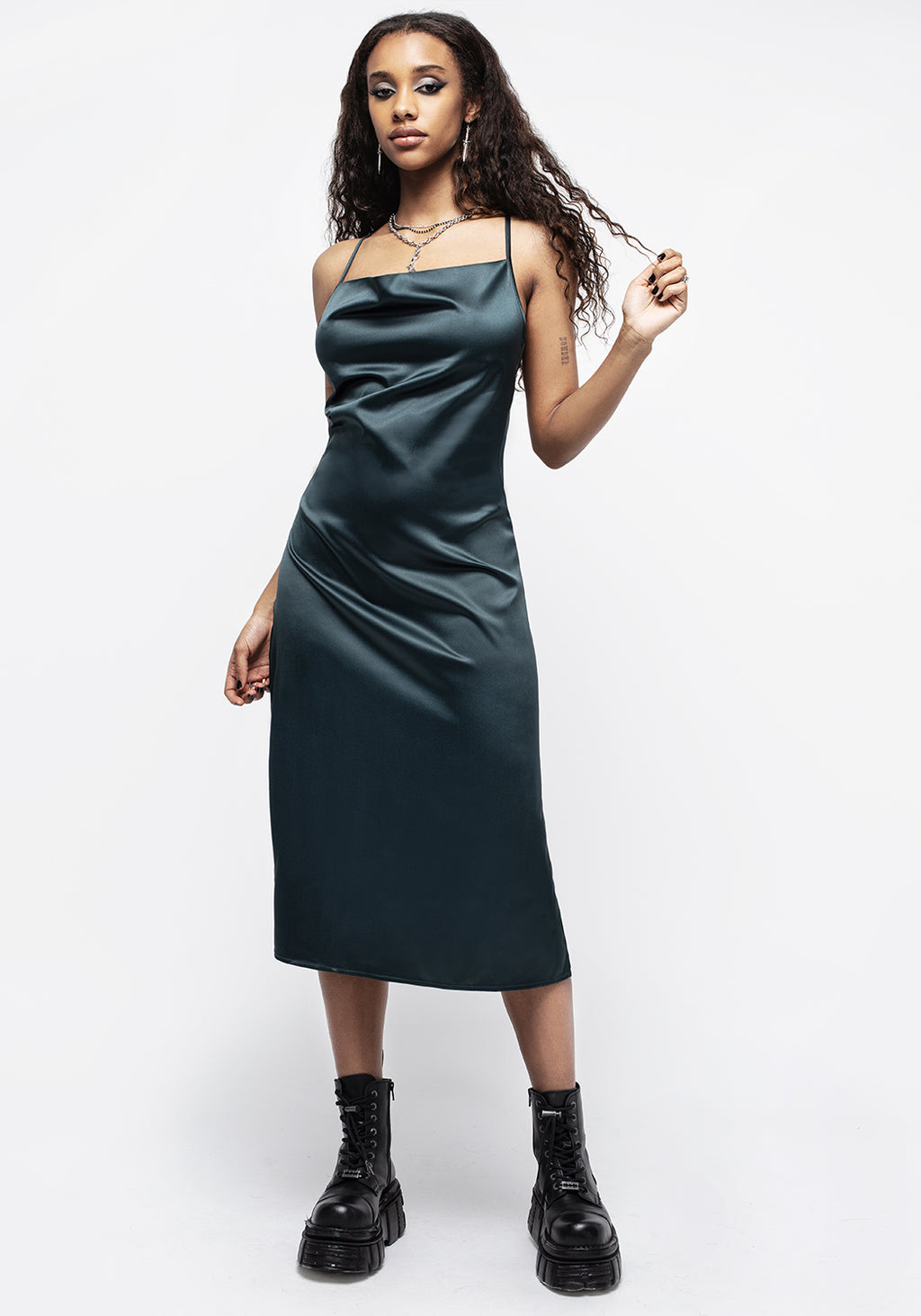 Medeina Cowl Neck Satin Midi Slip Dress - Green | Disturbia - Shop ...
