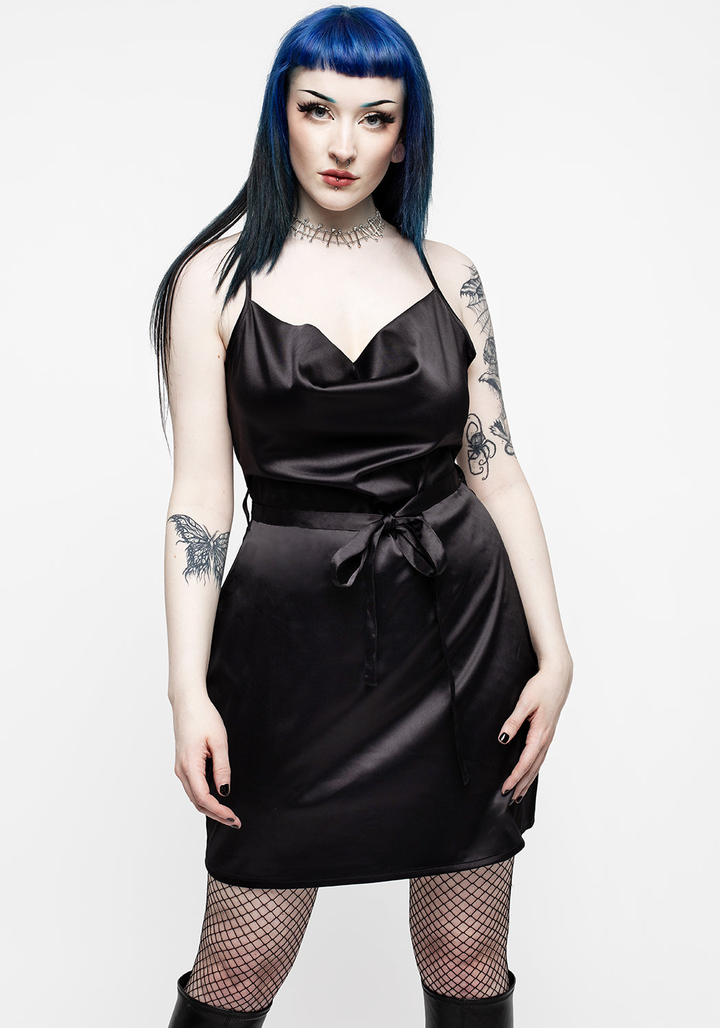 Medeina Cowl Neck Belted Satin Mini Dress - Midnight Black | Disturbia ...