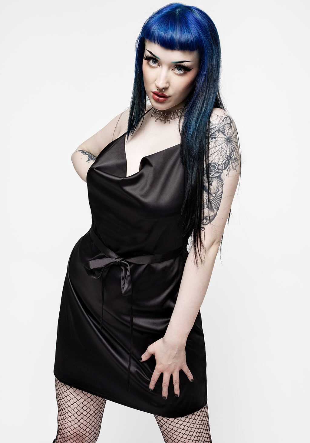 Medeina Cowl Neck Belted Satin Mini Dress - Midnight Black | Disturbia ...