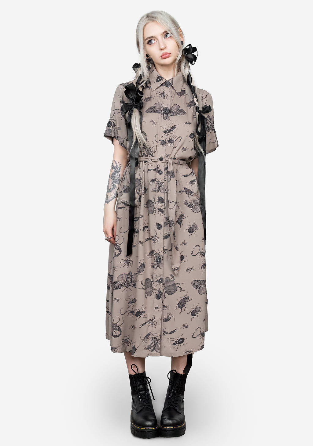 Parasite Bugs Print Midi Short Sleeve Shirt Dress - Taupe | Disturbia ...