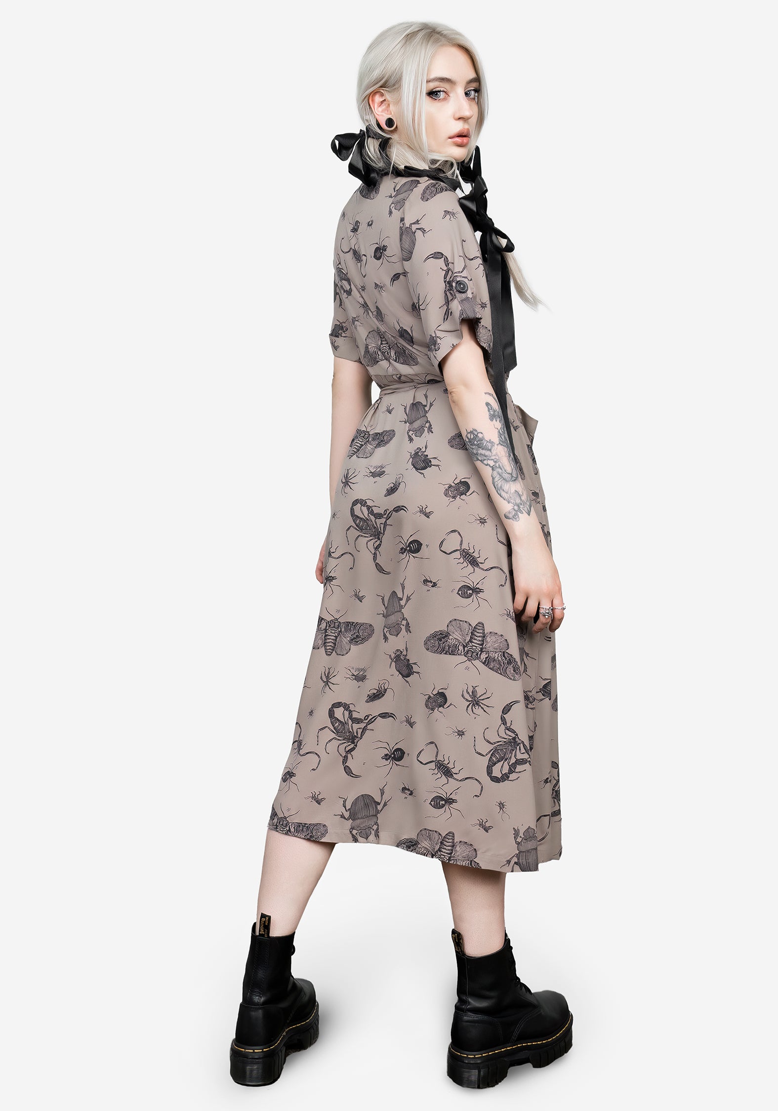 Parasite Bugs Print Midi Short Sleeve Shirt Dress - Taupe | Disturbia ...