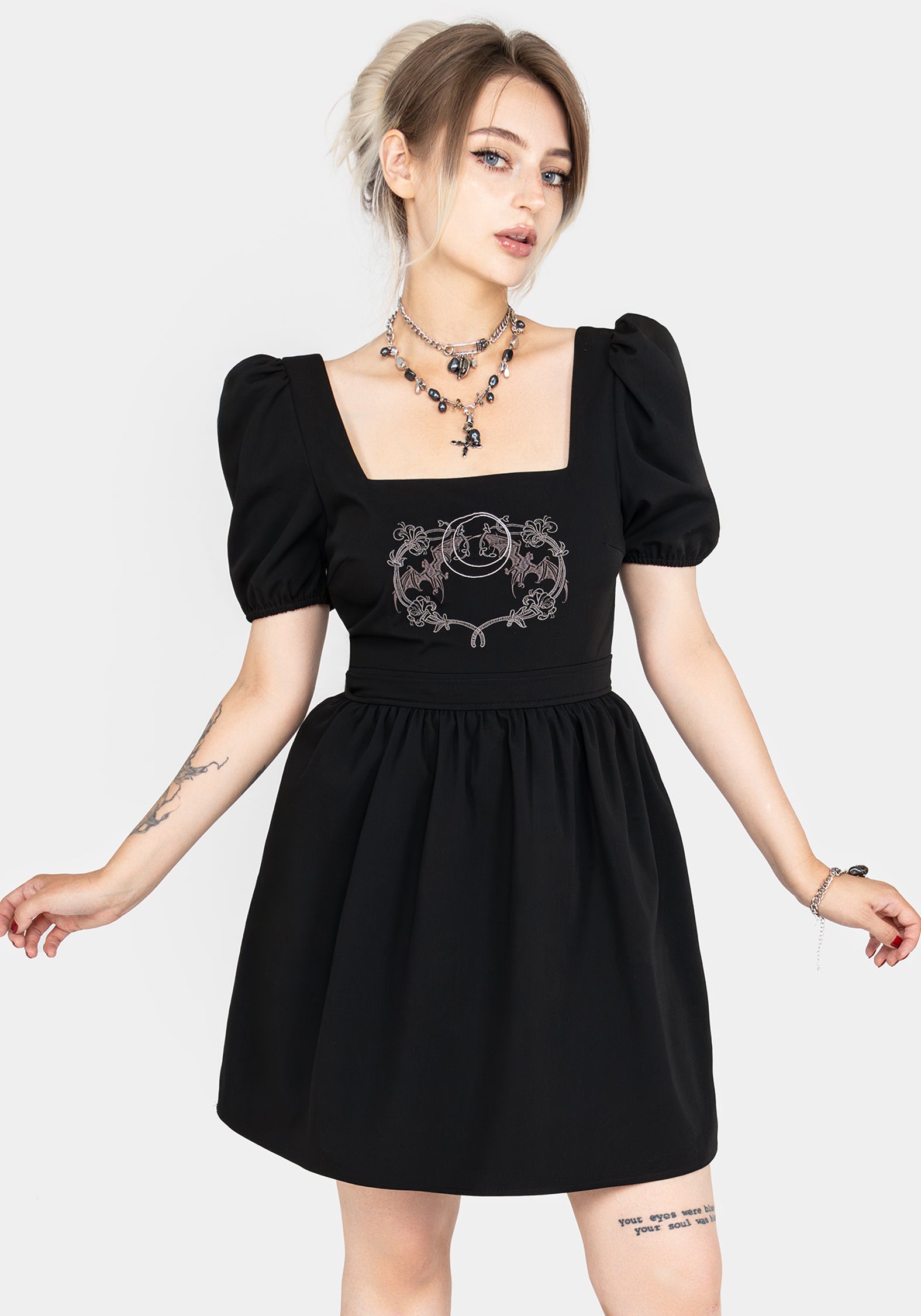 Vampyrum Bat Embroidered Puff Sleeve Mini Dress | Disturbia - Shop ...