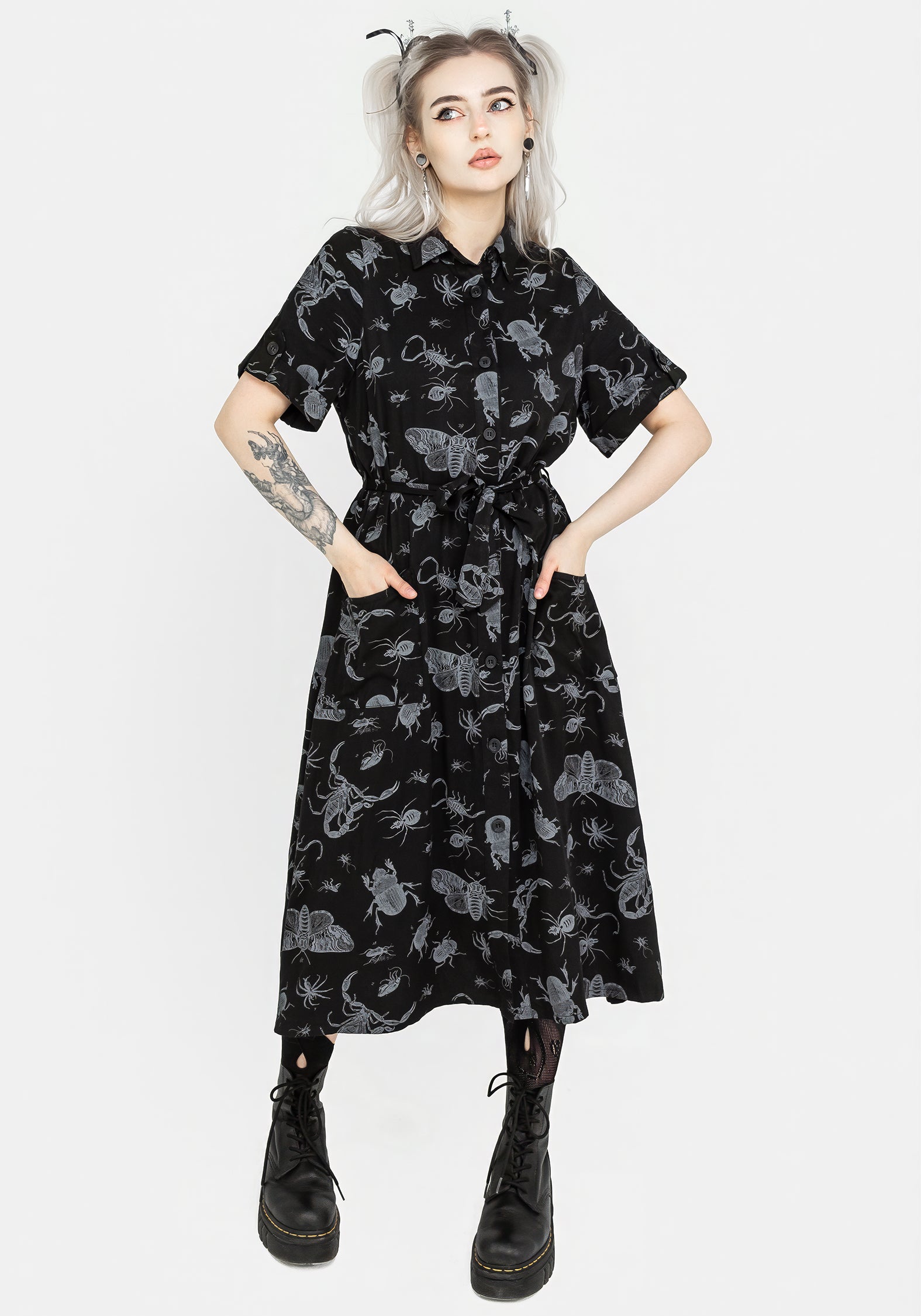 Parasite Bugs Short Sleeve Midi Shirt Dress - Black | Disturbia - Shop ...