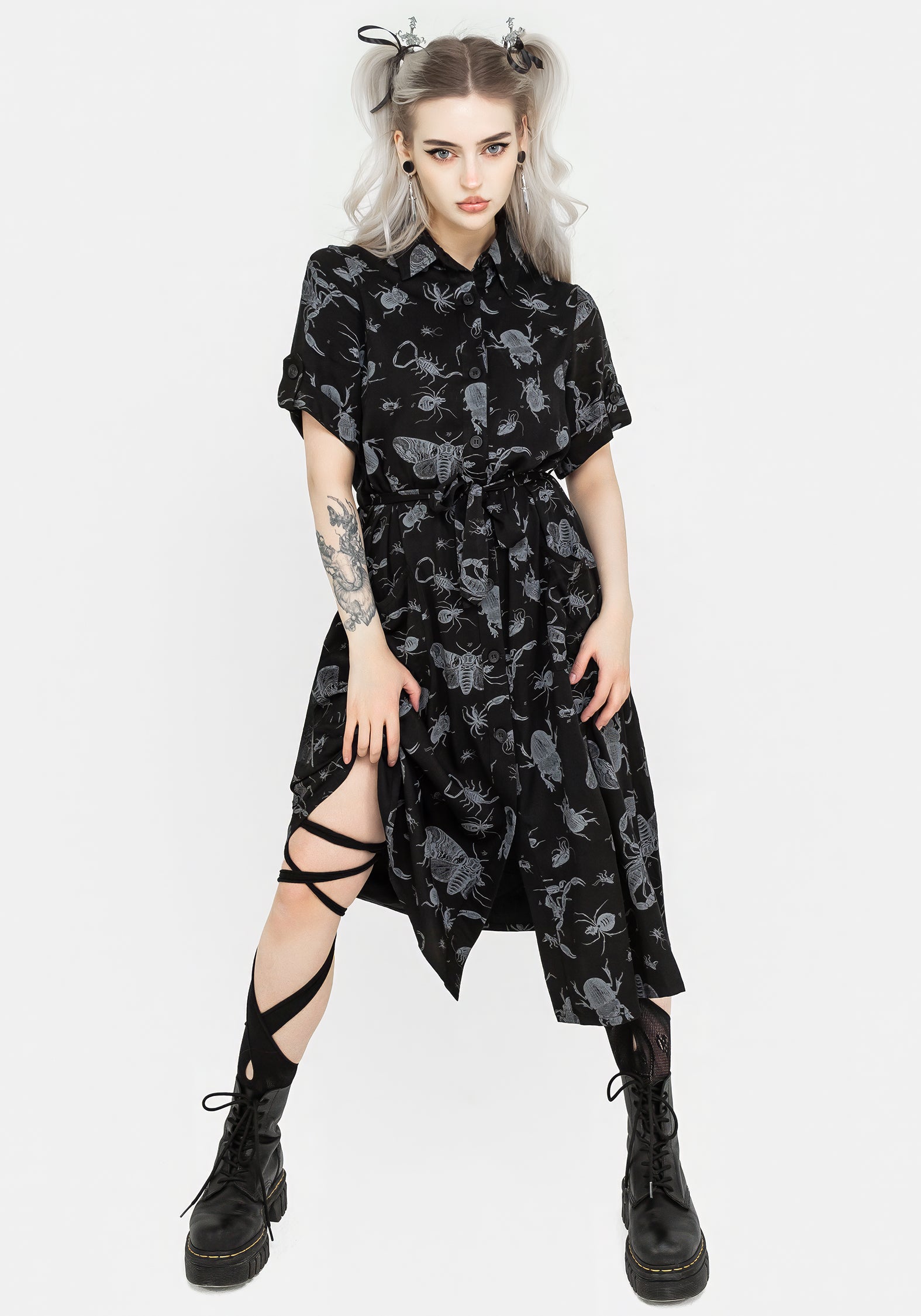 Parasite Bugs Short Sleeve Midi Shirt Dress - Black | Disturbia - Shop ...