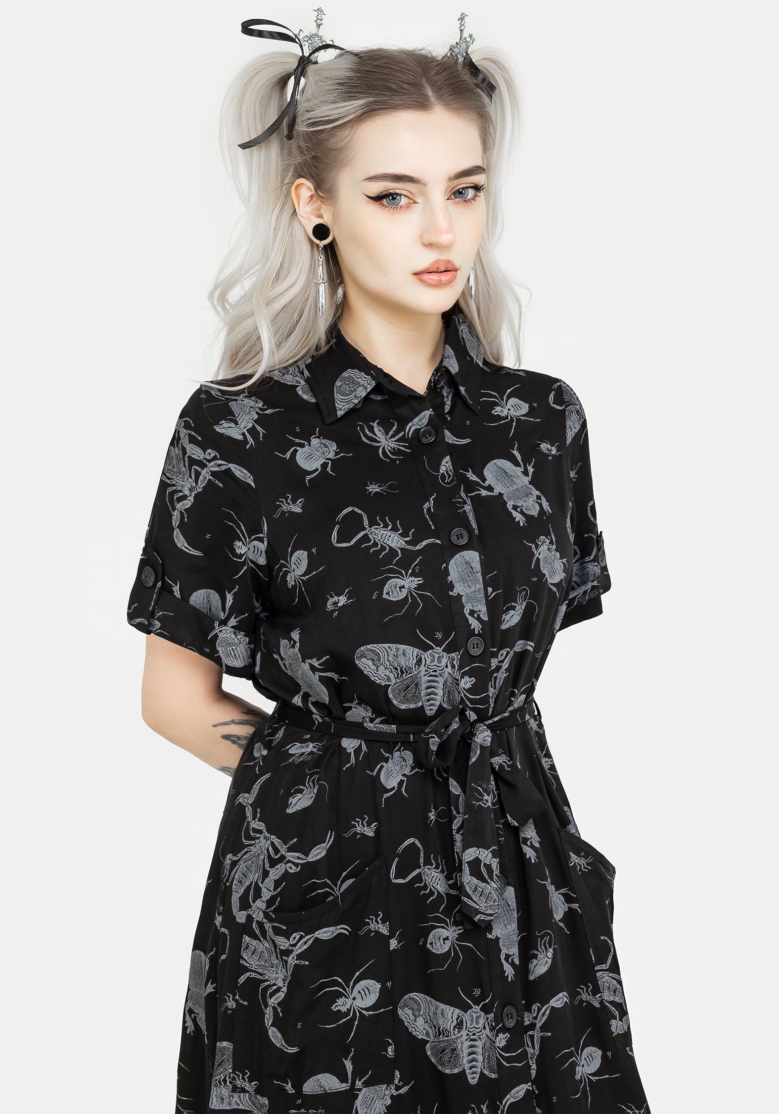Parasite Bugs Short Sleeve Midi Shirt Dress - Black | Disturbia - Shop ...
