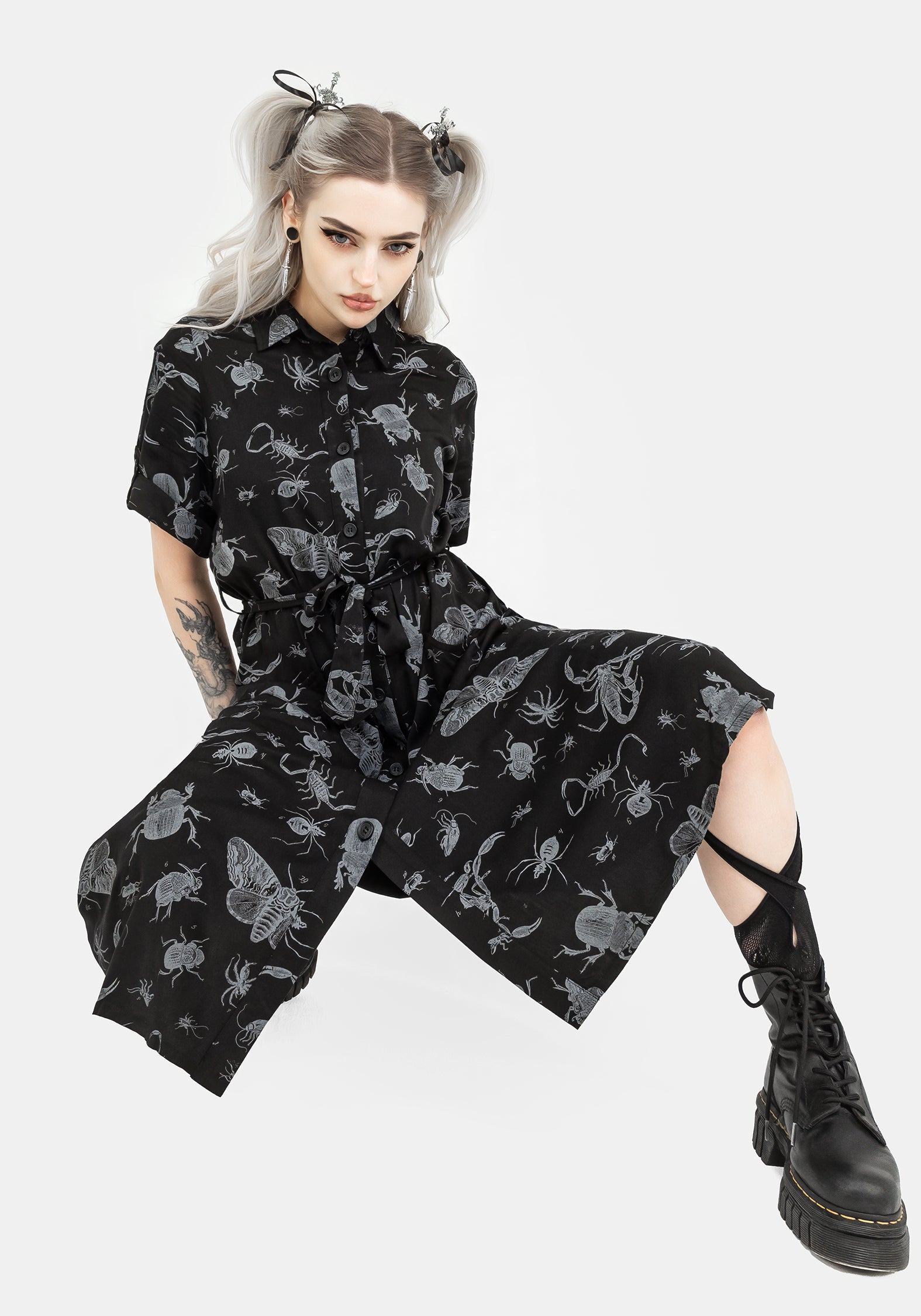 Parasite Bugs Short Sleeve Midi Shirt Dress - Black | Disturbia - Shop ...