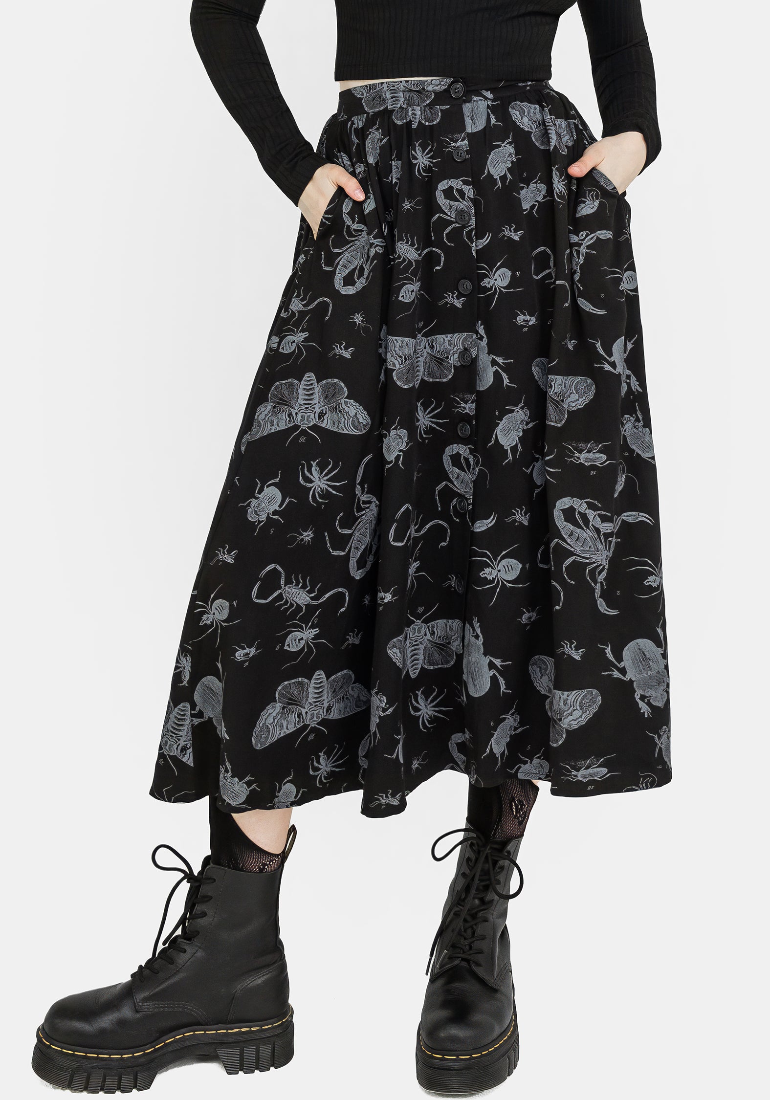 Parasite Bugs Button Front Midi Skirt - Black | Disturbia - Shop Women ...