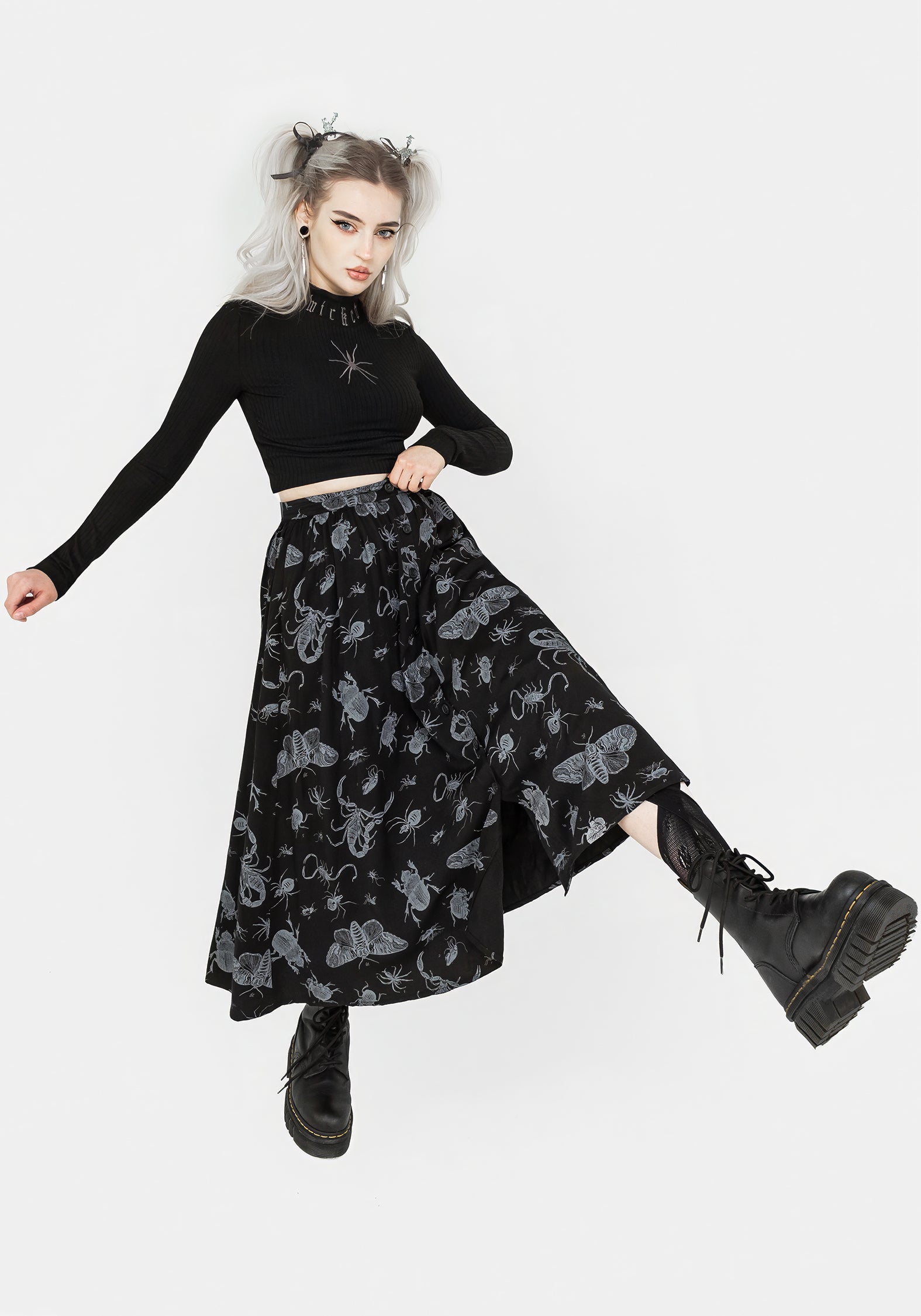 Parasite Bugs Button Front Midi Skirt - Black | Disturbia - Shop Women ...