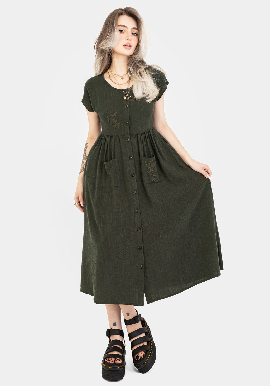 Foliate Linen-Blend Embroidered Button Up Midi Dress - Green ...