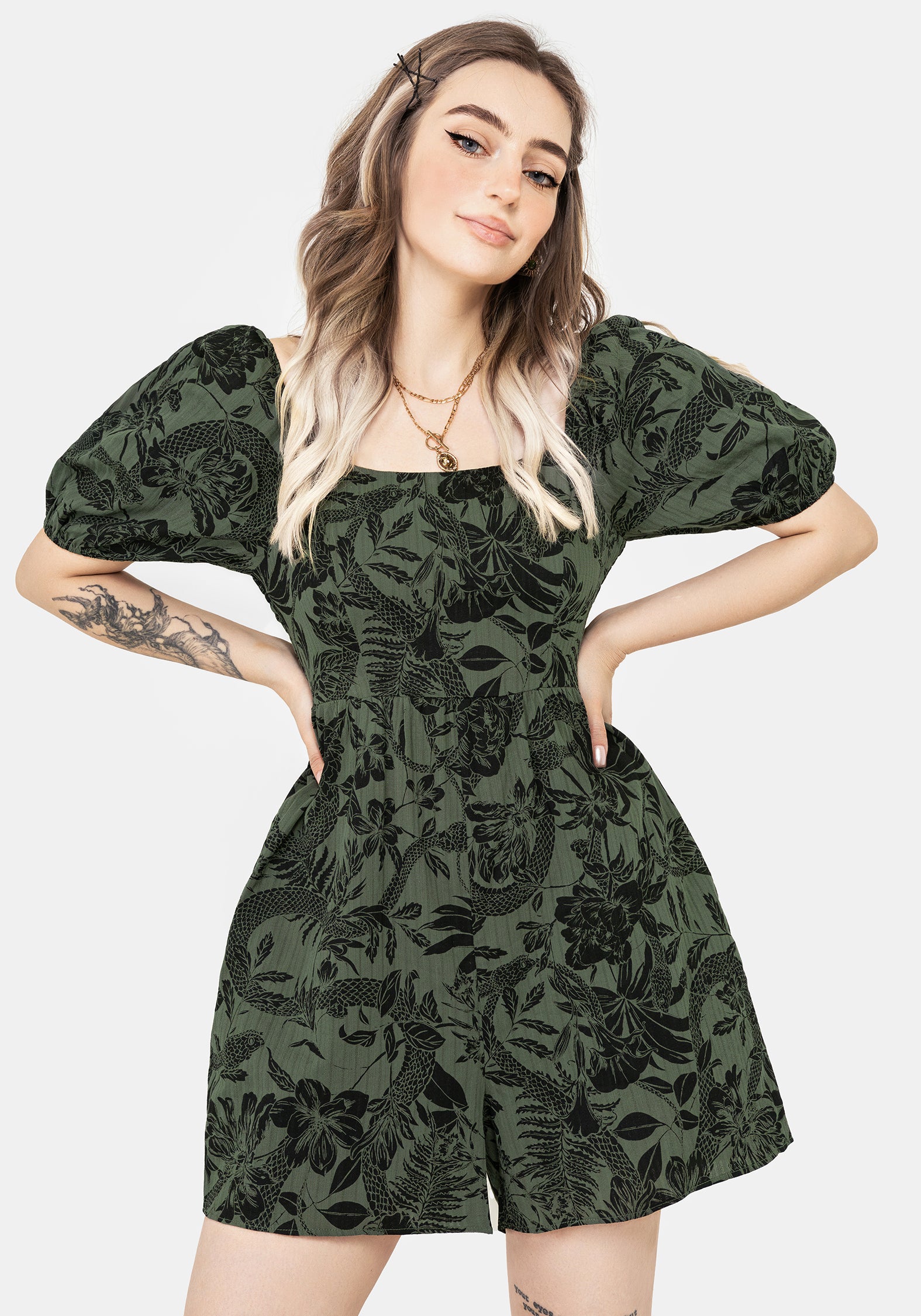 Bashe Cotton Puff Sleeve Playsuit - Green | Disturbia - Shop Women's ...