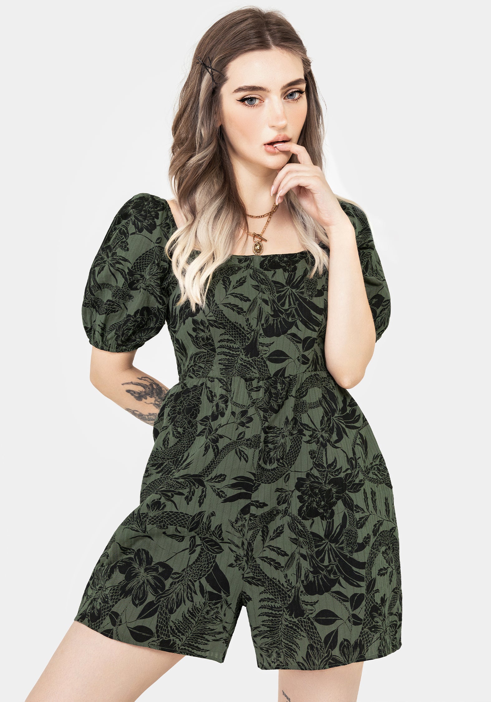 Bashe Cotton Puff Sleeve Playsuit - Green | Disturbia - Shop Women's ...