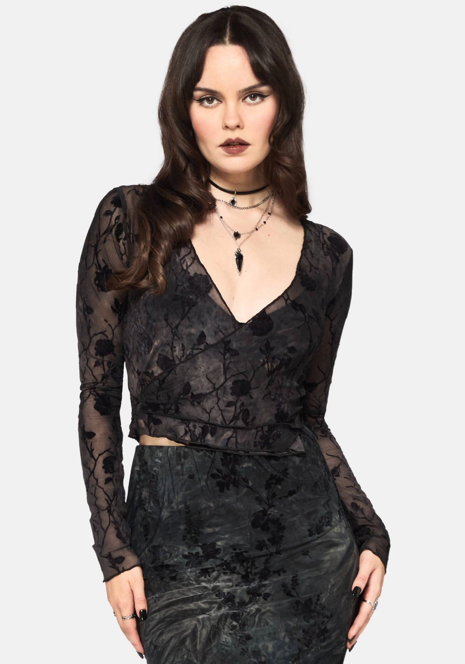 Monroe Flocked Long Sleeved Mesh Wrap Over Top – Disturbia