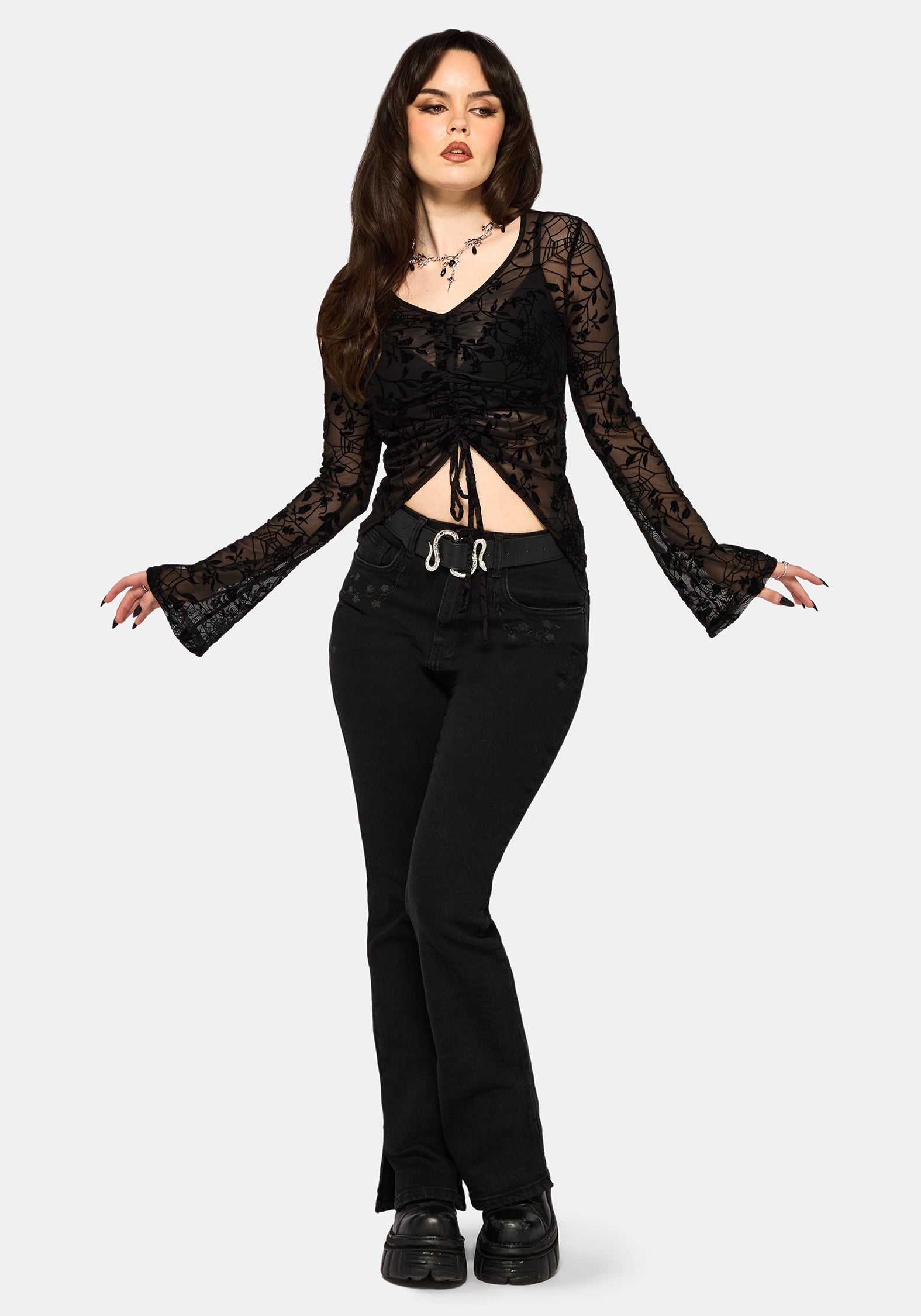 Deadly Nightshade Flocked Mesh Ruched Top – Disturbia