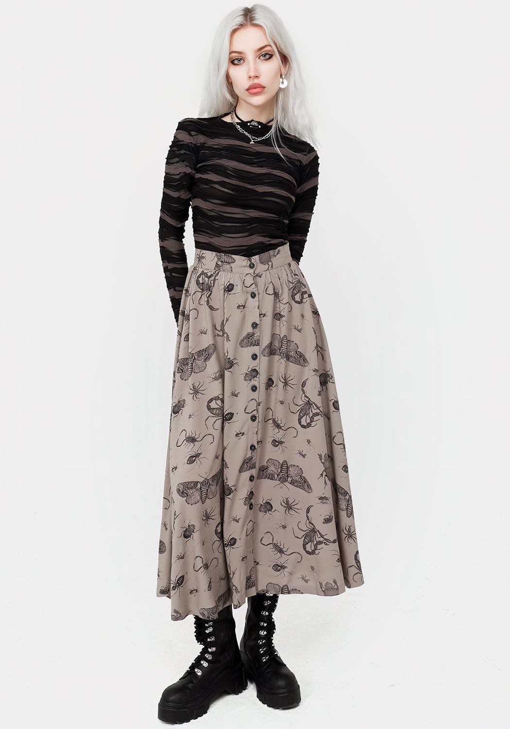 Parasite Bugs Print Button Down Midi Skirt - Taupe | Disturbia - Shop ...