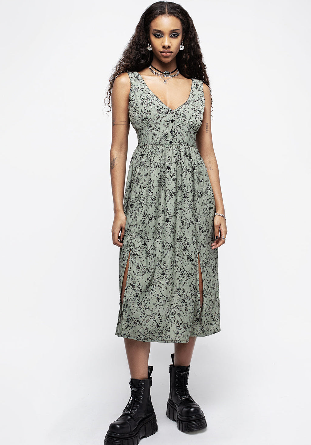 Cassie Green Floral Corset Button Midi Split Dress | Disturbia - Shop ...