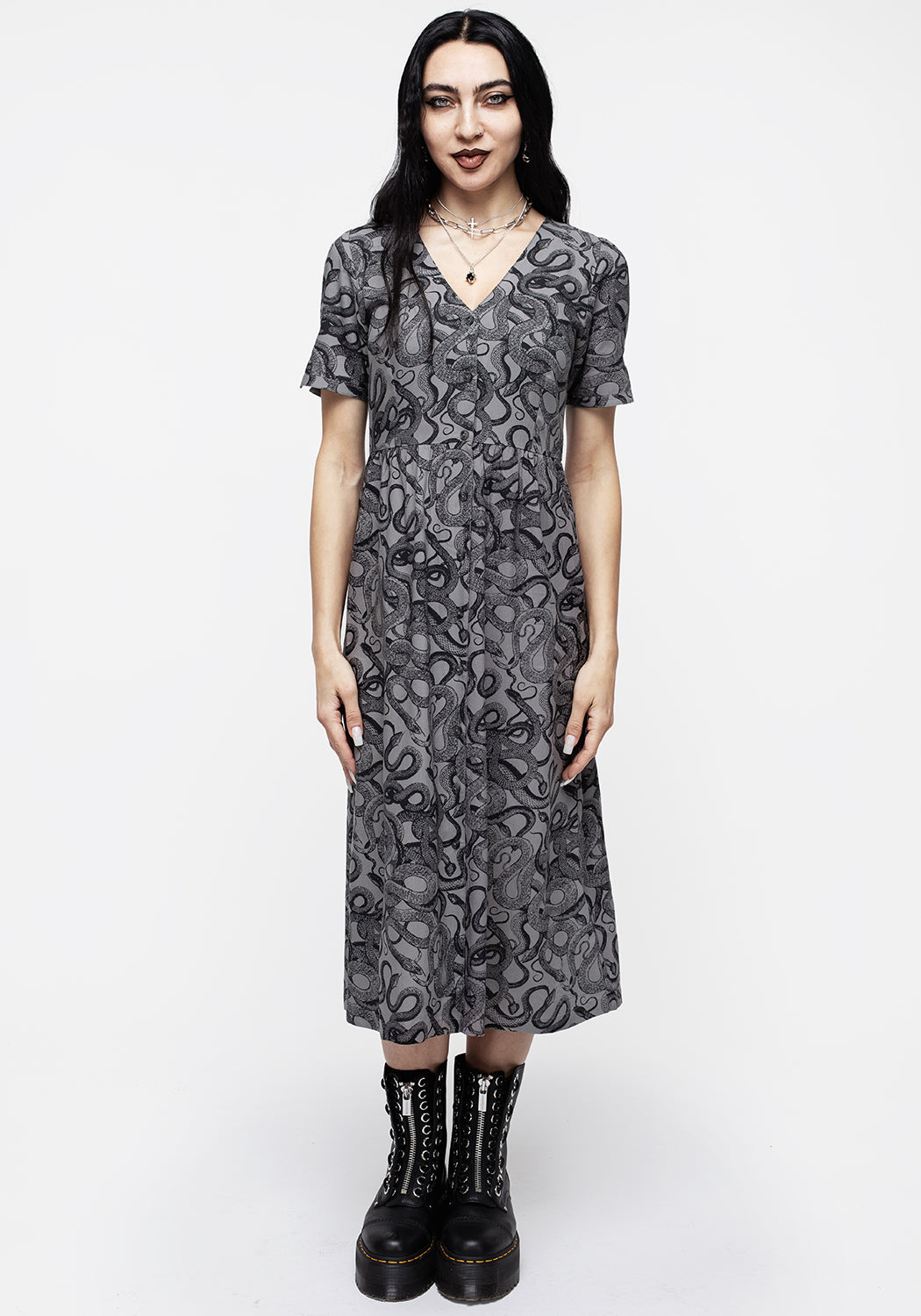 Ophidia Snakes Print Button Down Midi Dress - Grey | Disturbia - Shop ...