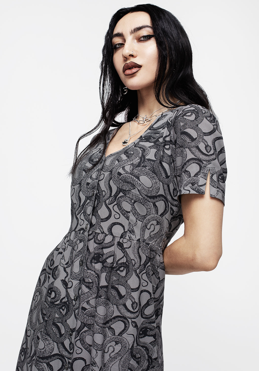 Ophidia Snakes Print Button Down Midi Dress - Grey | Disturbia - Shop ...