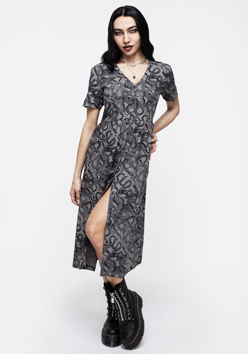 Ophidia Snakes Print Button Down Midi Dress - Grey | Disturbia - Shop ...
