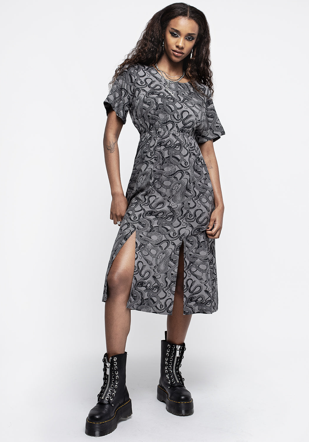 Ophidia Snakes Print Open Back Midi Dress - Grey | Disturbia - Shop ...