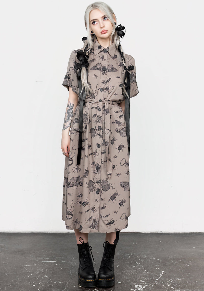Parasite-Bugs-Print-Midi-Short-Sleeve-Shirt-Dress-Taupe – Disturbia