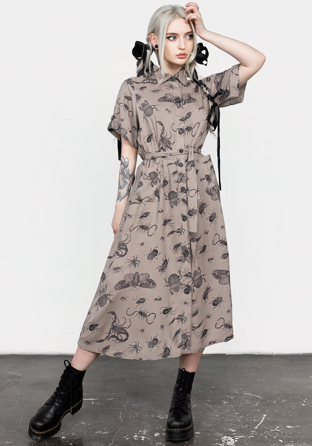 Parasite Bugs Print Midi Short Sleeve Shirt Dress - Taupe – Disturbia