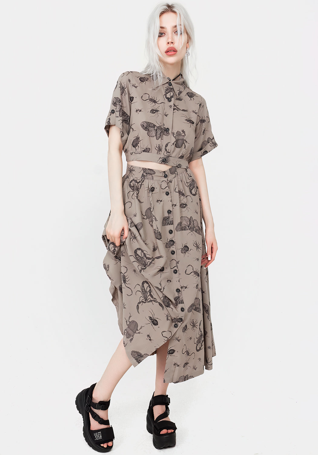 Parasite Bugs Print Crop Short Sleeve Shirt - Taupe | Disturbia - Shop ...